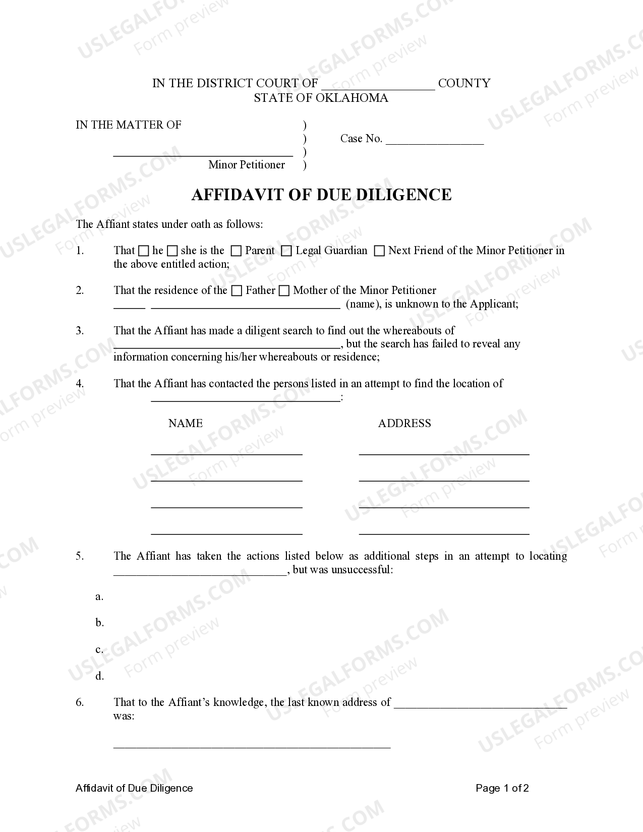 Oklahoma Affidavit of Due Diligence for Name Change of Minor - Affidavit Diligence | US Legal Forms