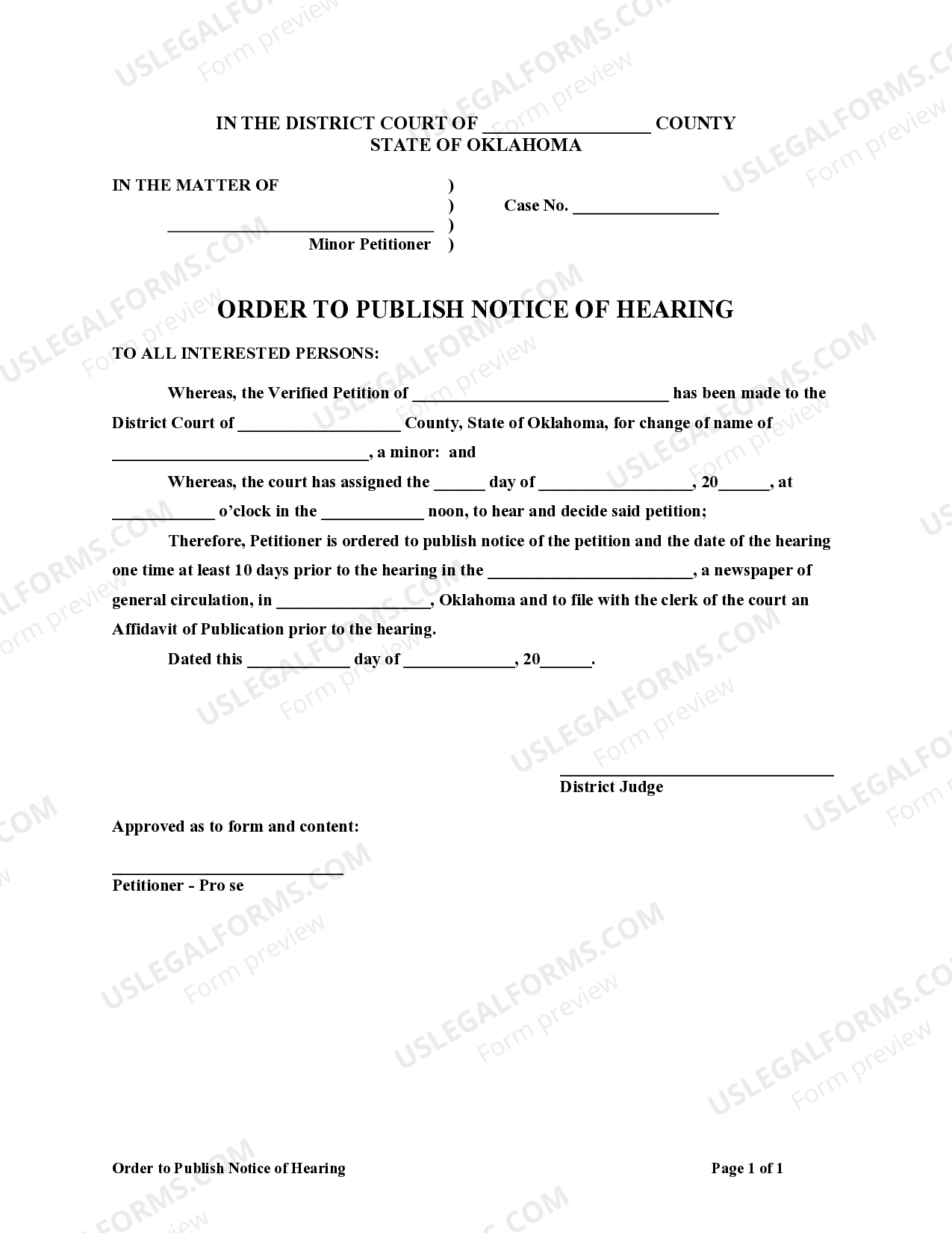 Oklahoma Order to Publish Notice of Hearing - Minor | US Legal Forms