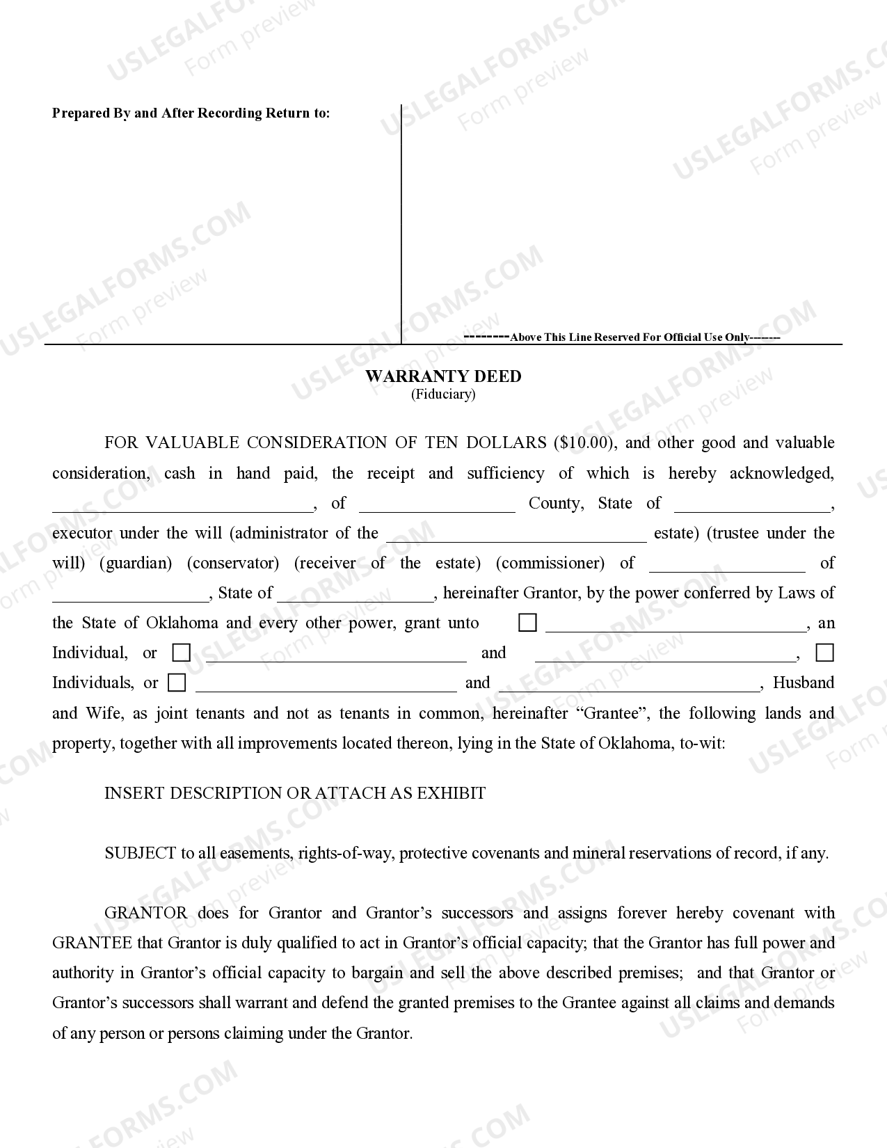 Oklahoma Fiduciary Deed for use by Executors, Trustees, Trustors - What ...
