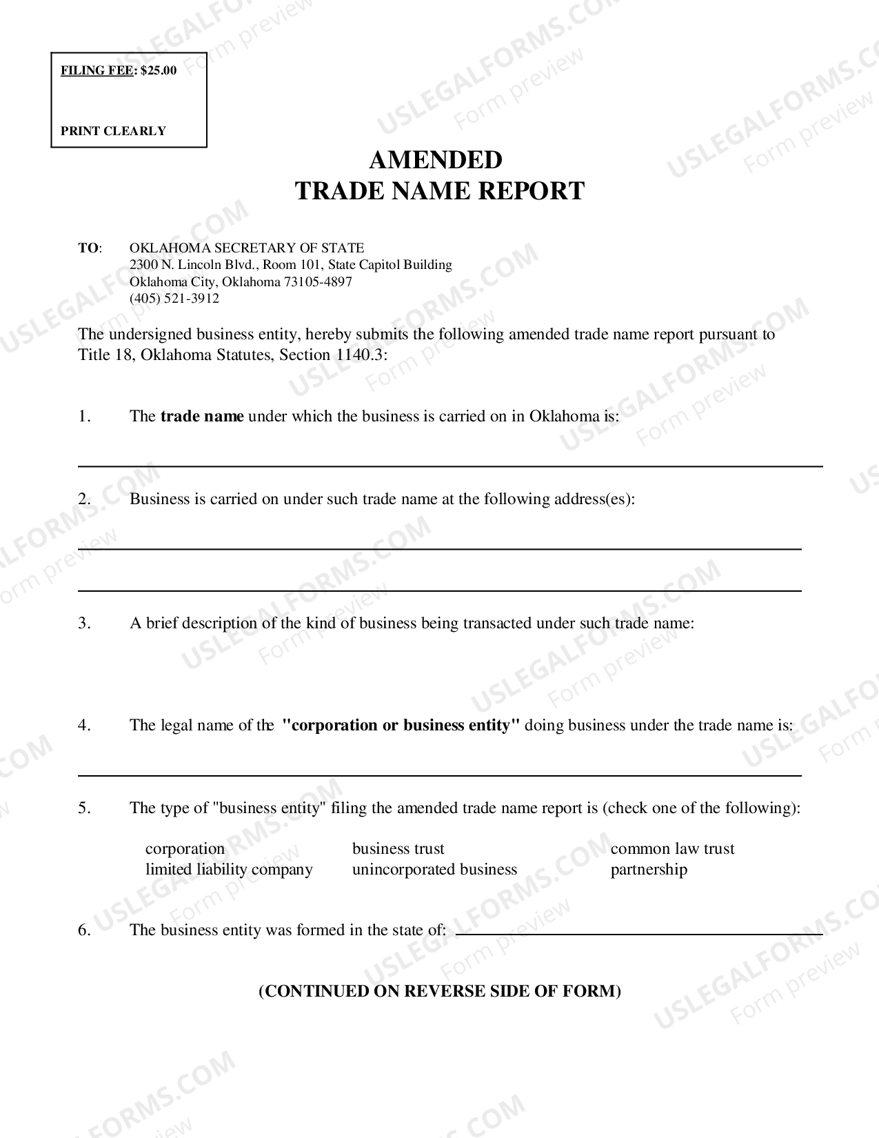 Oklahoma Amended Trade Name Report | US Legal Forms