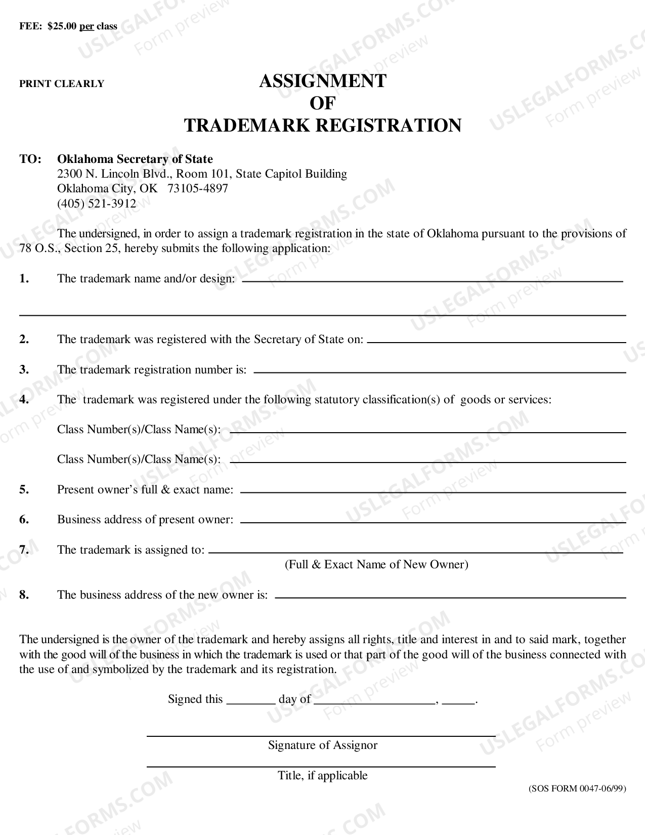 Oklahoma Assignment of Trademark Registration - Oklahoma Trademark ...
