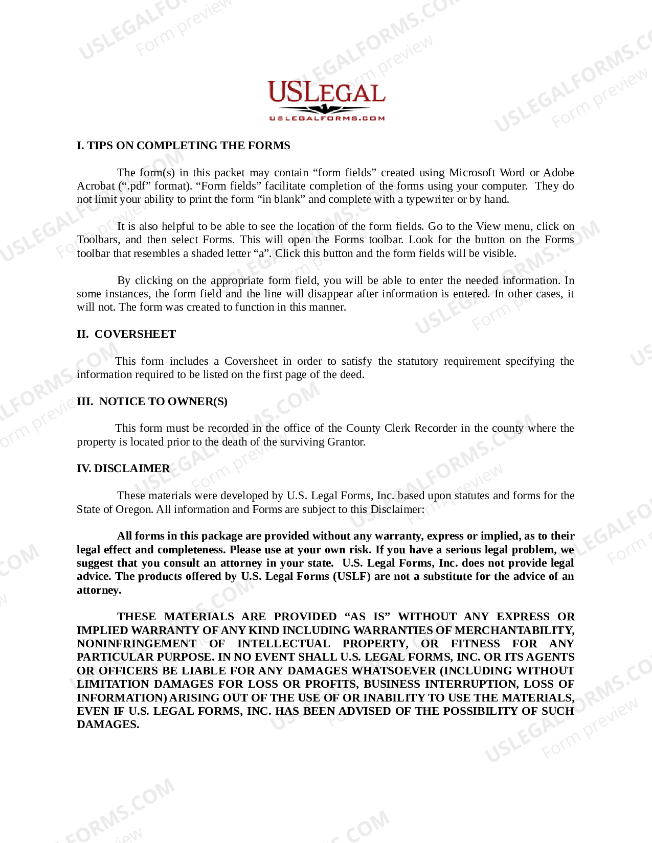 Oregon Transfer on Death Deed from Two (2) Individuals or Husband and ...