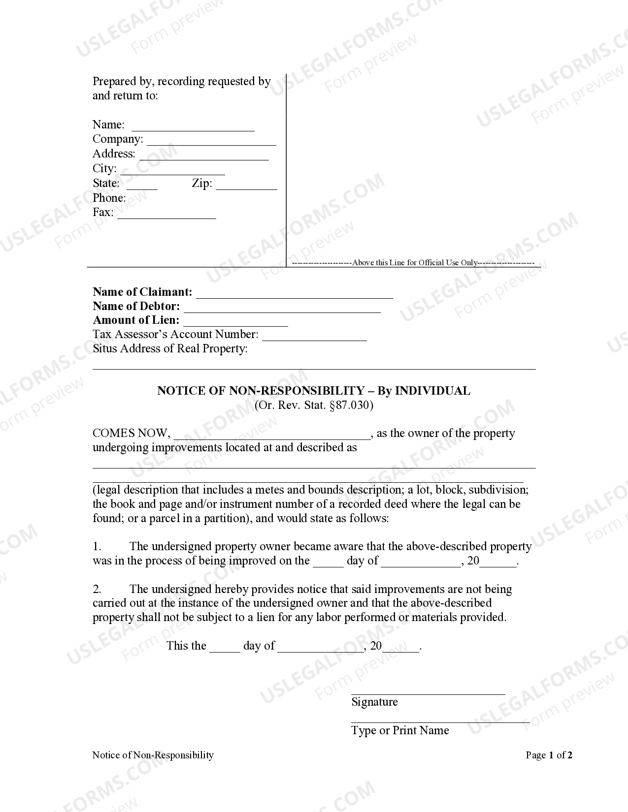 Oregon Notice of Nonresponsibility - Individual - Notice Of Non ...