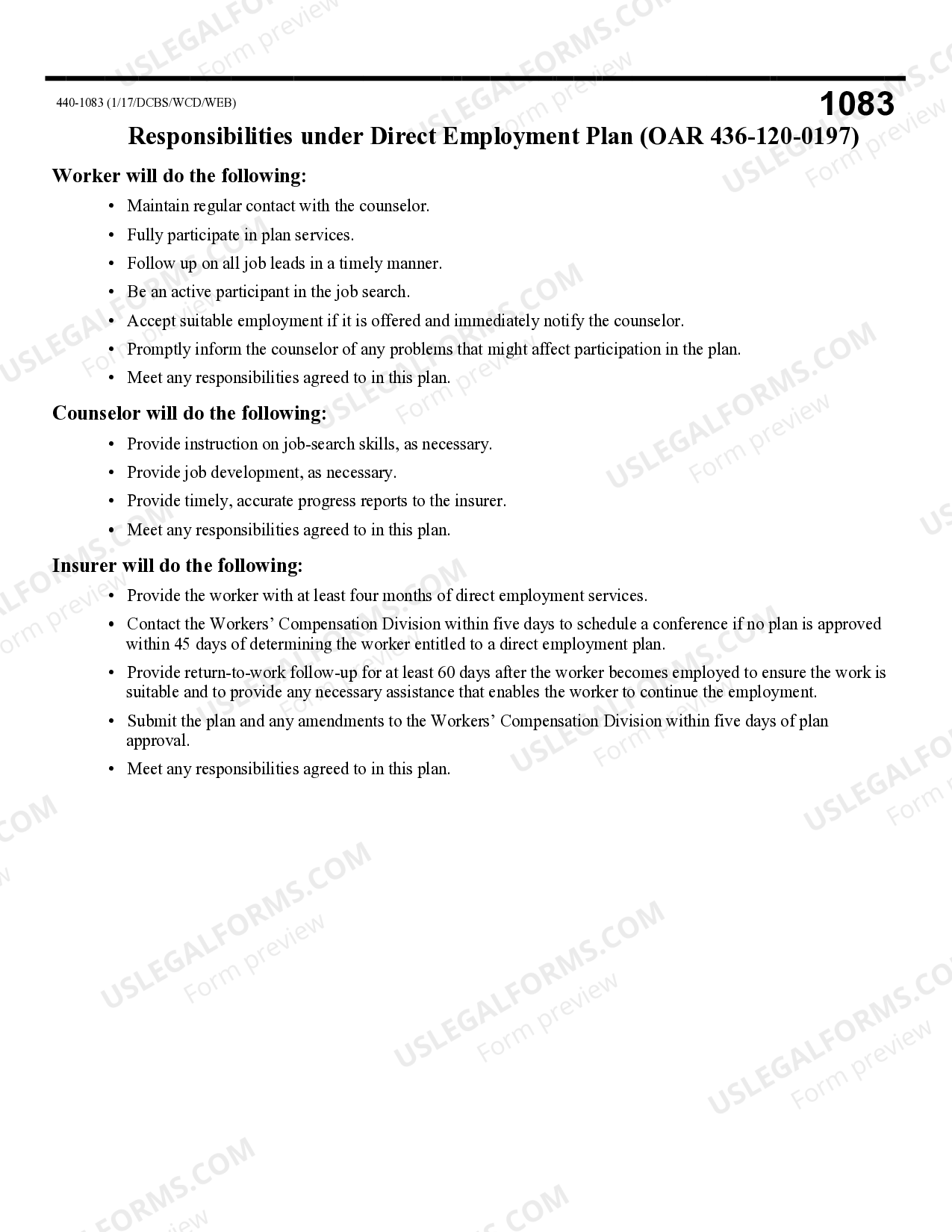 Oregon Return-To-Work Plan; Direct Employment | US Legal Forms