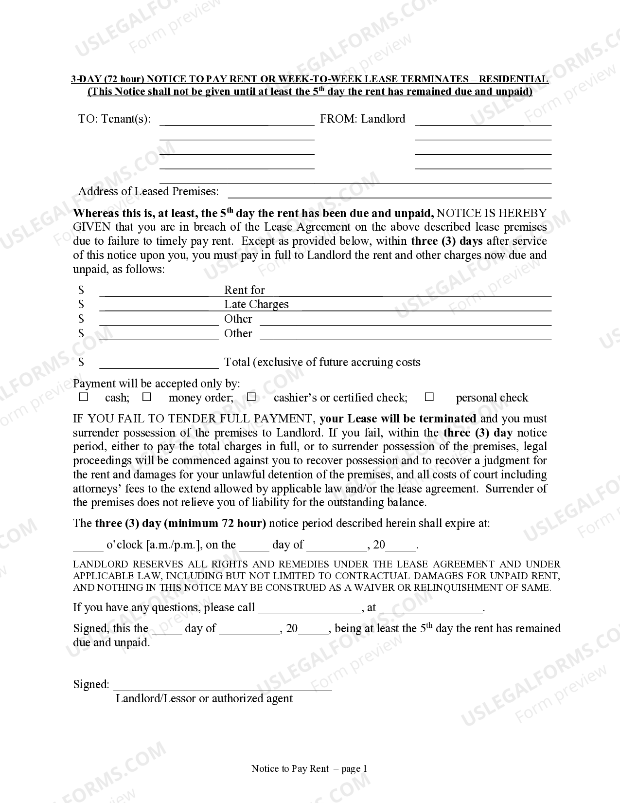 Oregon 72 Hour Notice to Pay Rent or Lease Terminates - Week-to-Week ...