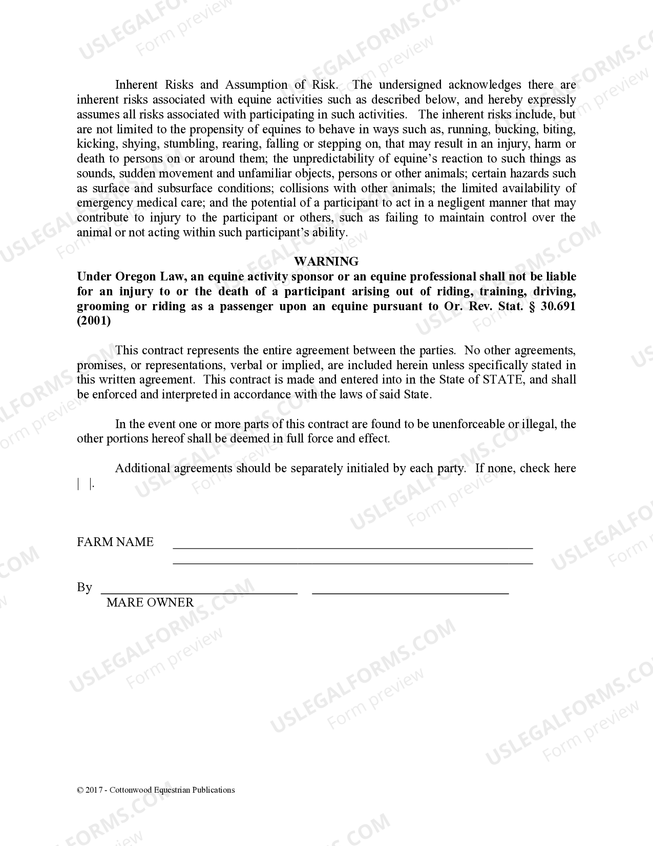 Oregon Stallion Service Contract - Horse Equine Forms | US Legal Forms