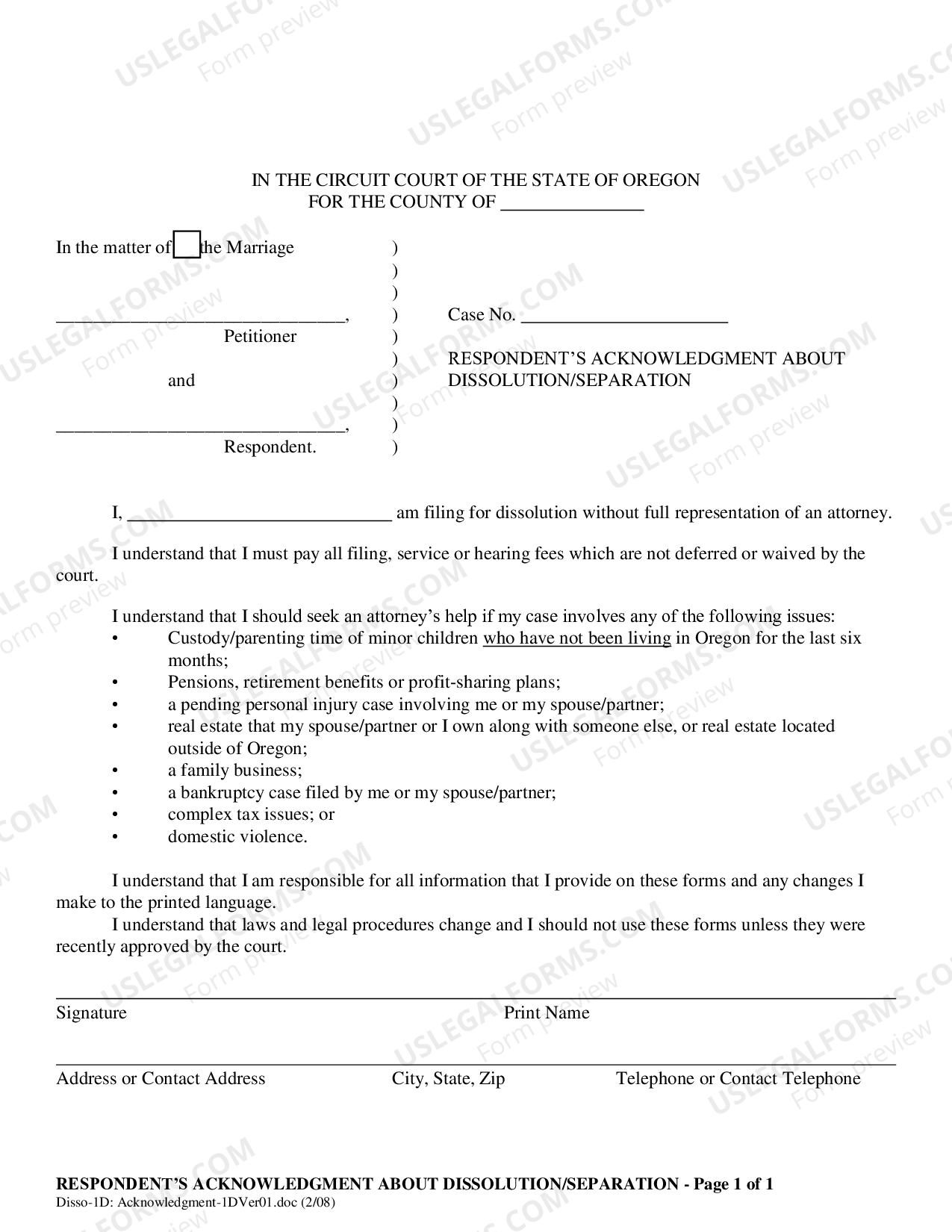 Oregon Respondent's Acknowledgment About Dissolution (Divorce ...