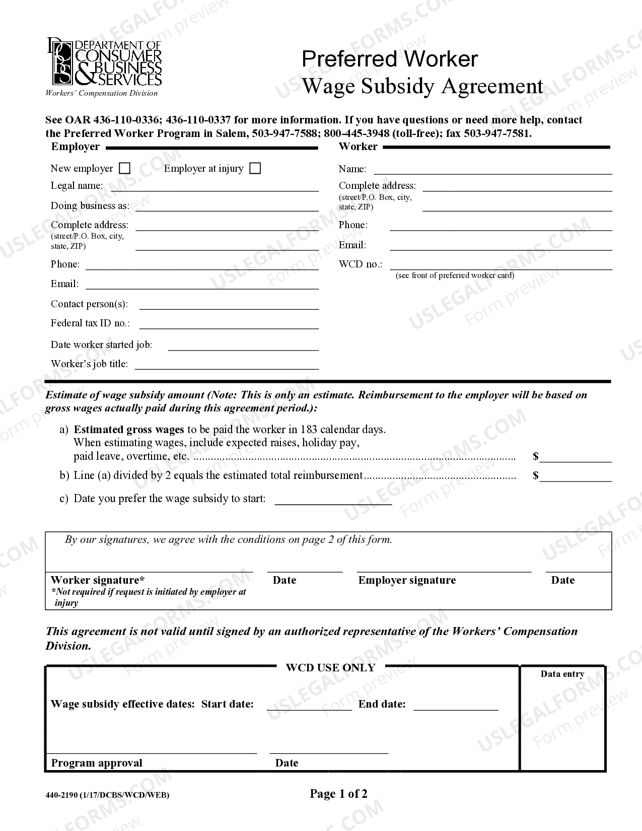 Oregon Preferred Worker Wage Subsidy Agreement | US Legal Forms