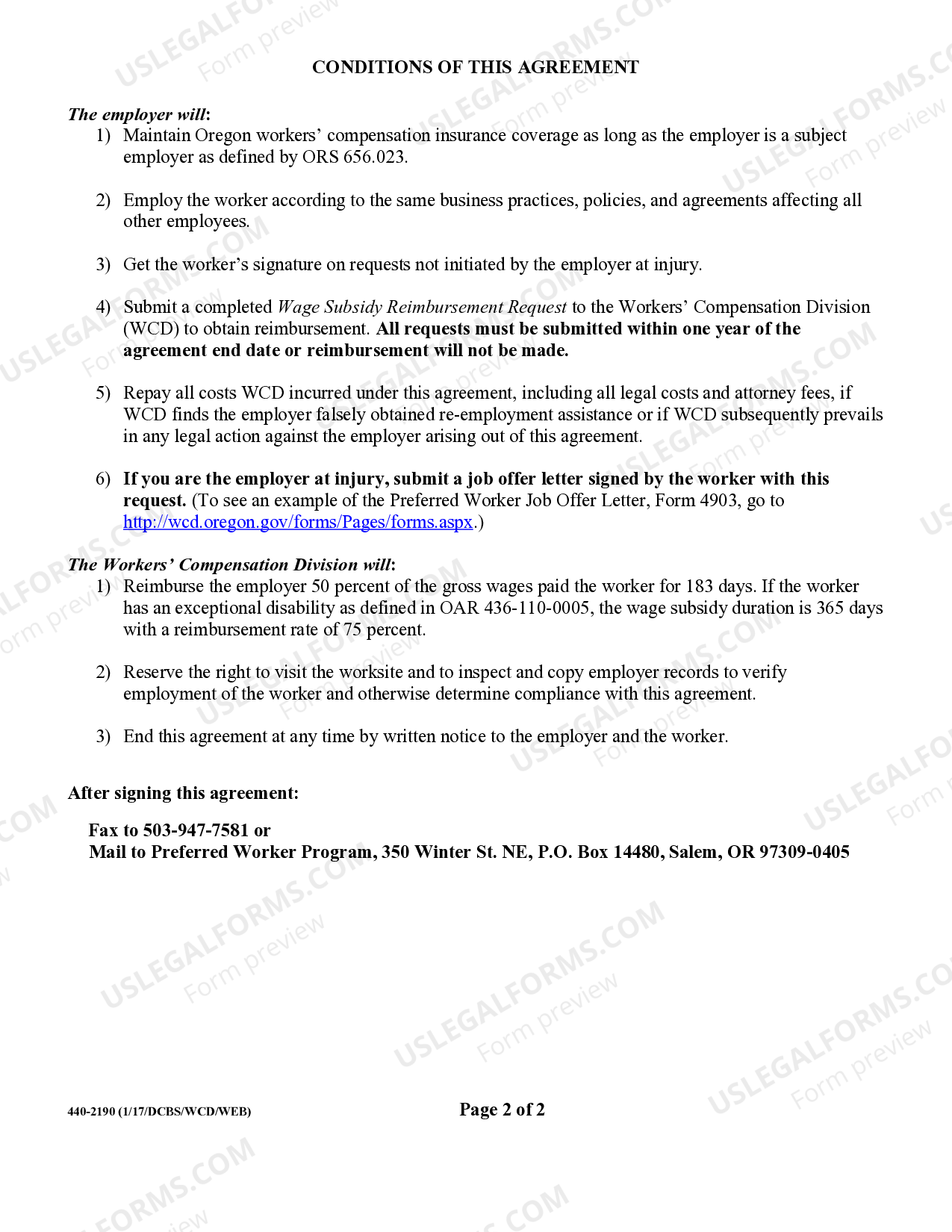 Oregon Preferred Worker Wage Subsidy Agreement | US Legal Forms