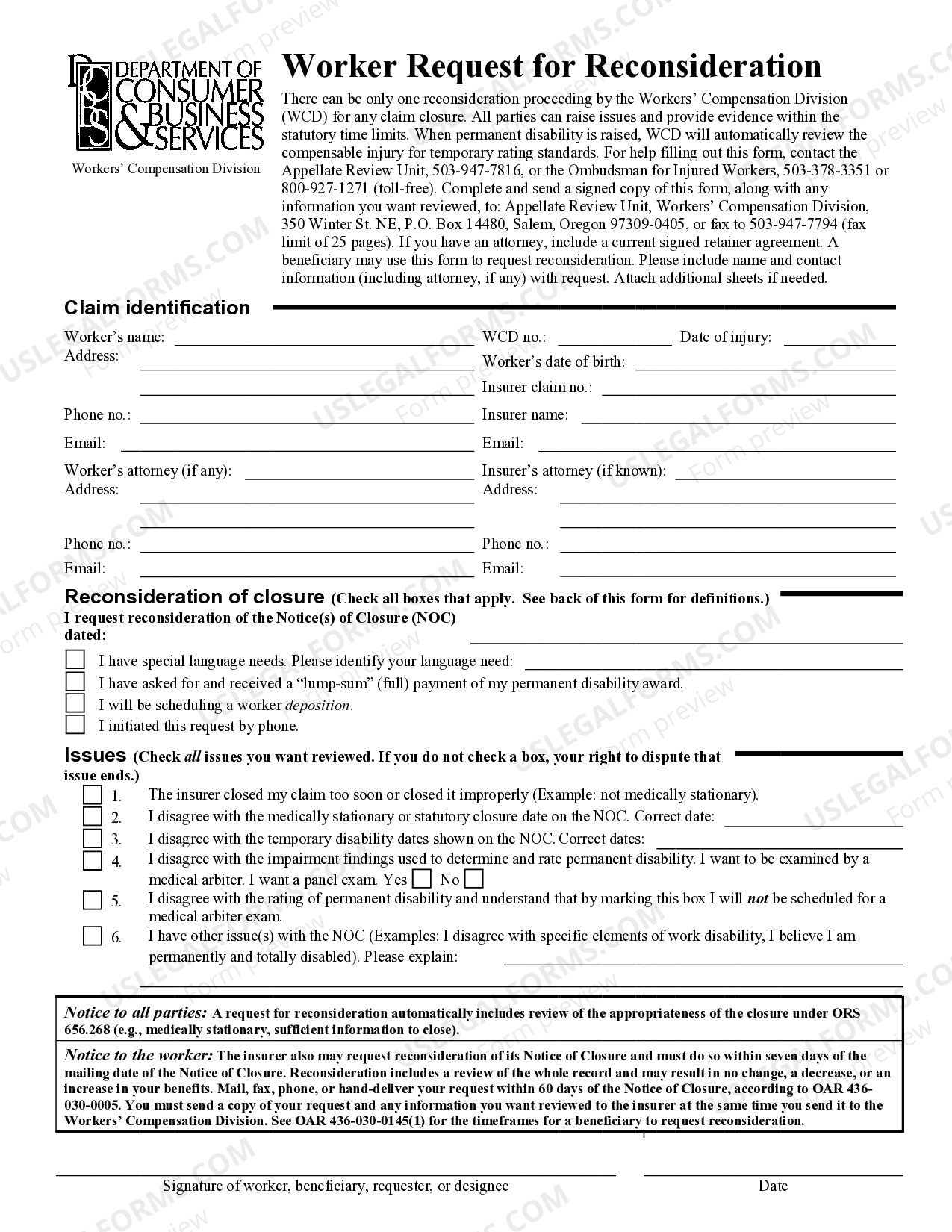 Oregon Worker Request for Reconsideration | US Legal Forms