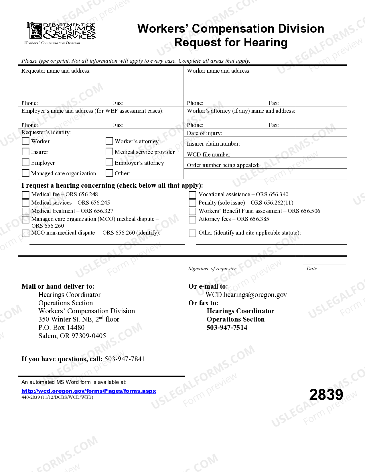 Oregon Workers Compensation Division Request for Hearing | US Legal Forms