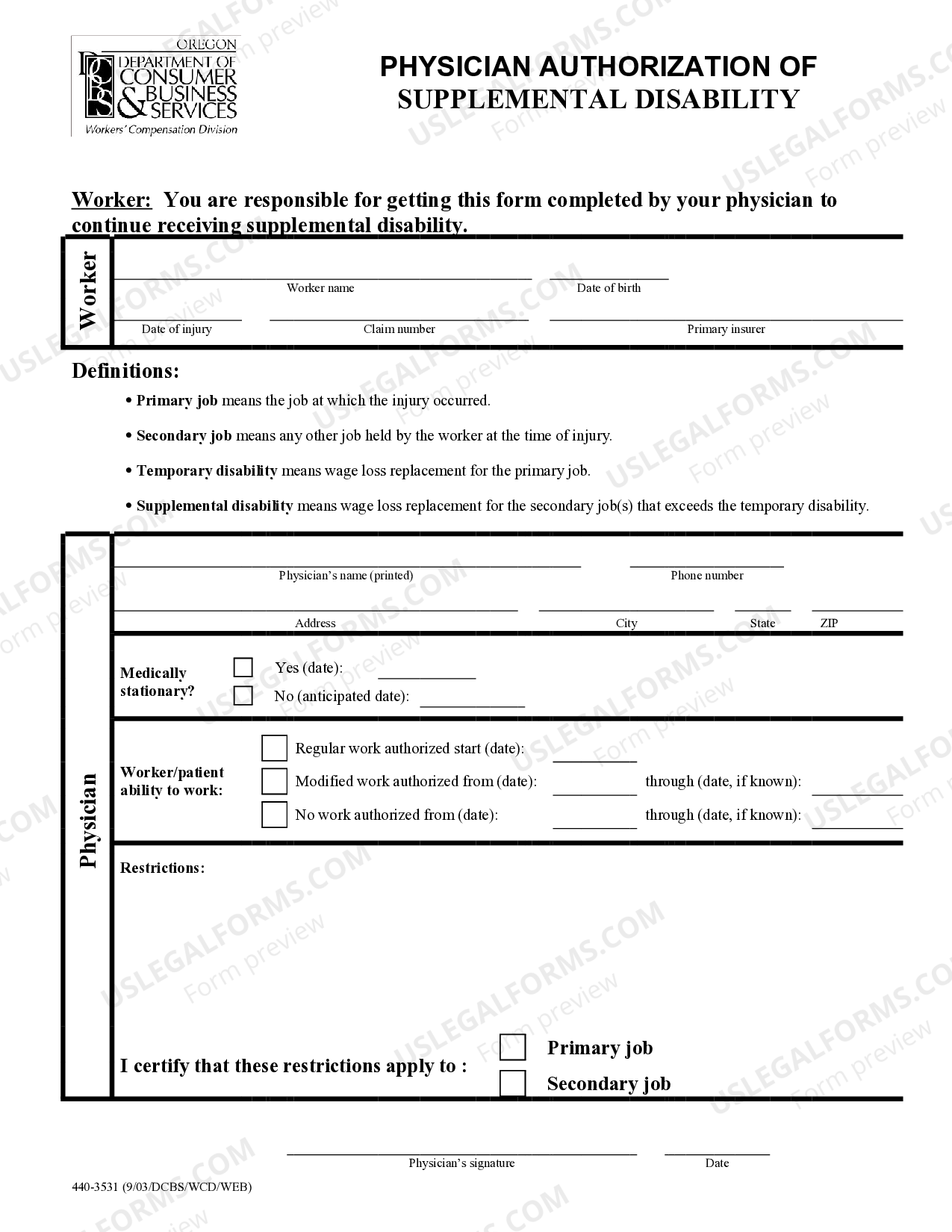 Oregon Physician Authorization of Supplemental Disability | US Legal Forms
