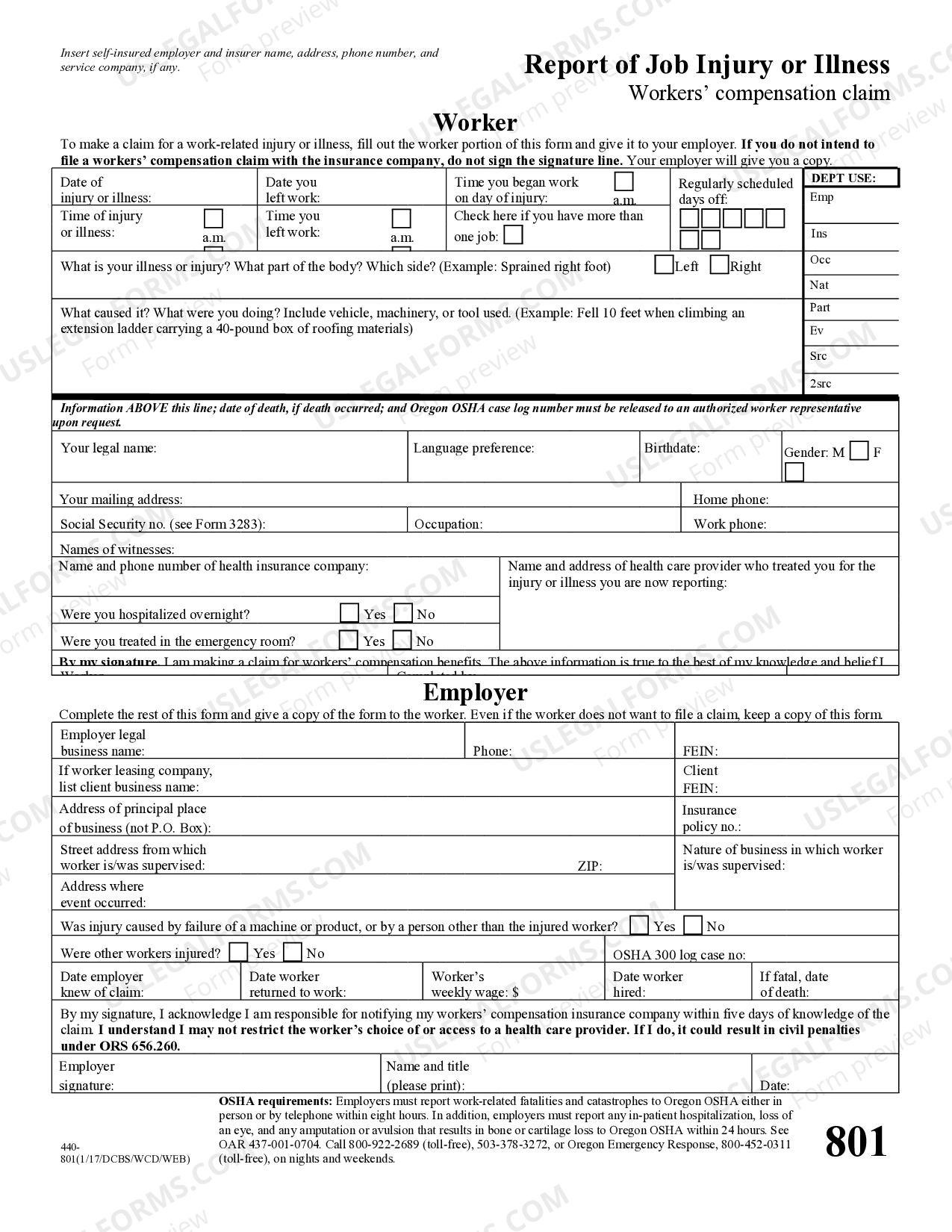 Oregon Report of Job Injury or Illness - Workers Form - 801 Form Oregon ...