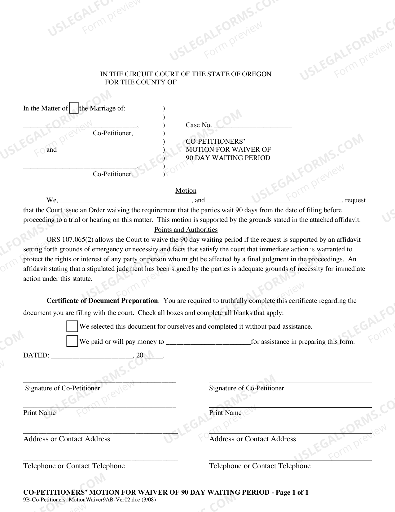 Oregon Co-Petitioners' (with no or adult children) Motion for Waiver of ...