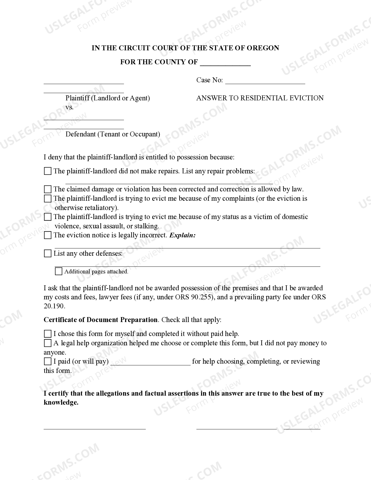 Oregon Answer to Residential Eviction | US Legal Forms