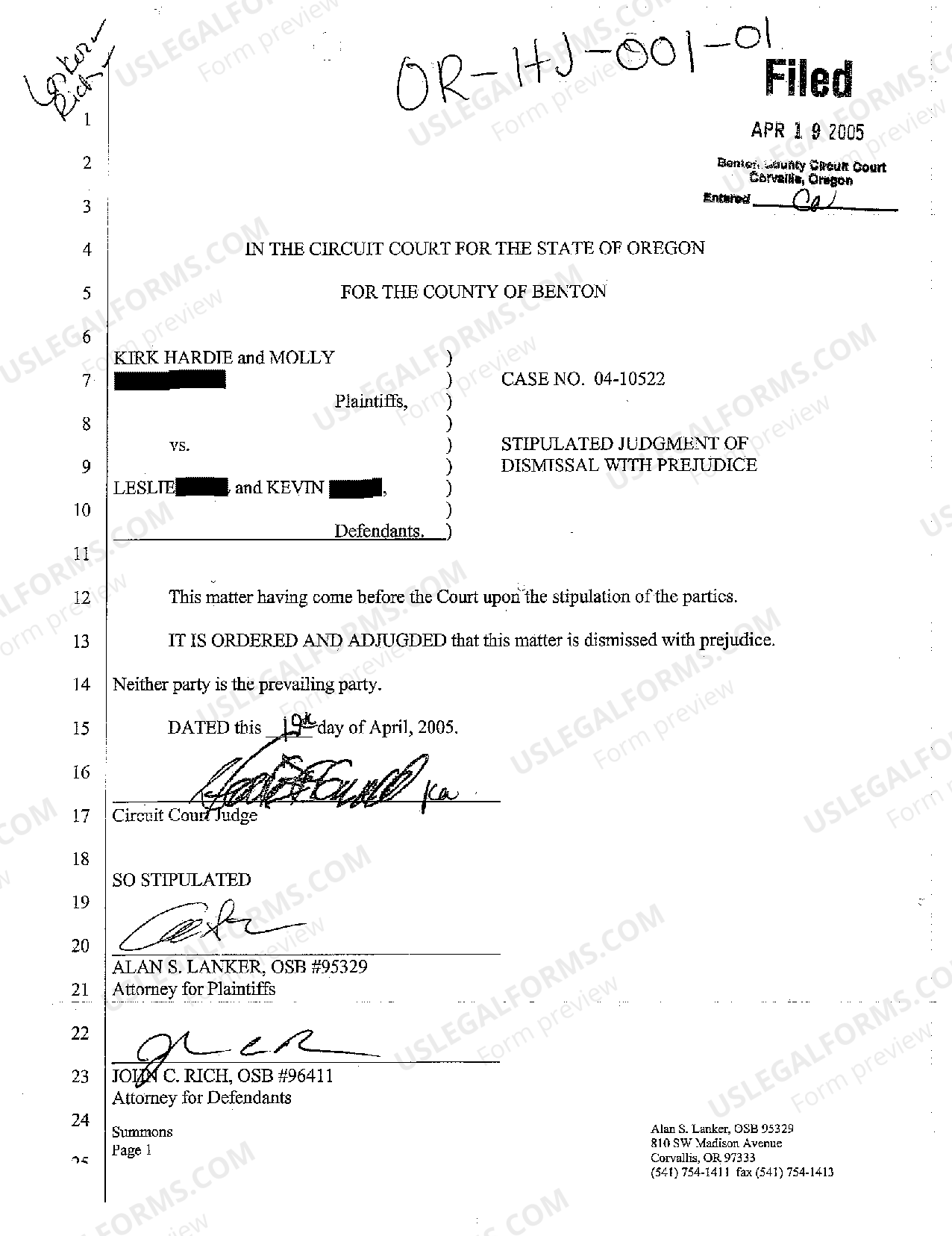 Oregon Stipulated Judgment of Dismissal With Prejudice | US Legal Forms