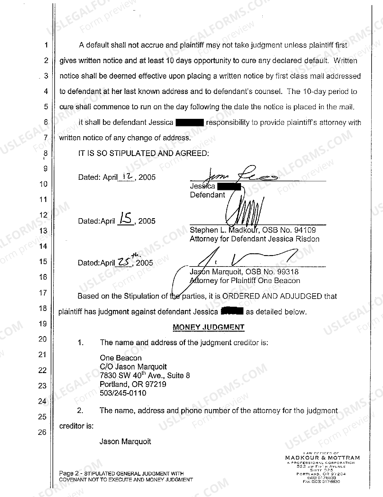 Oregon Stipulated General Judgment With Covenant Not to Execute and ...