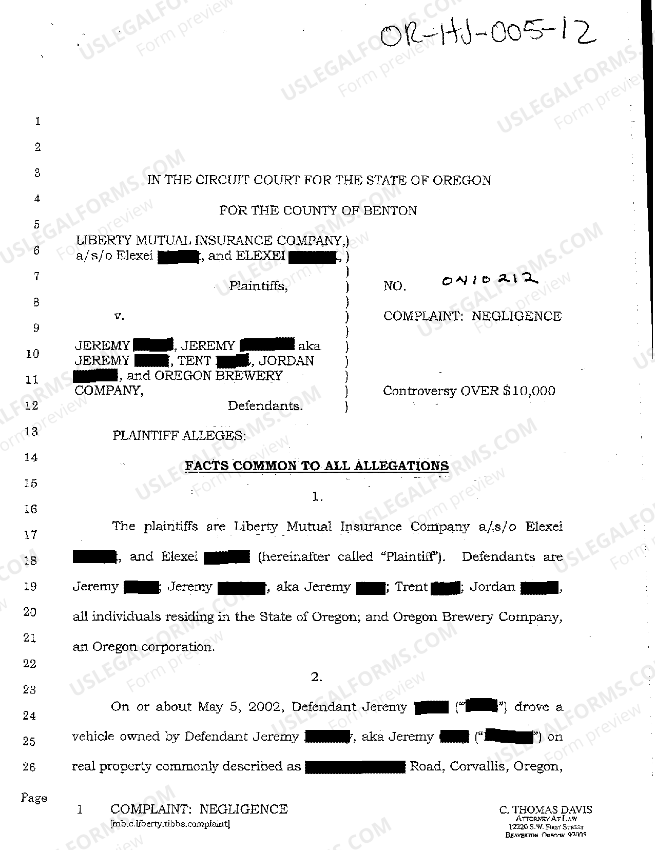 Oregon Complaint for Personal Injury to Pedestrian Due to Negligent ...