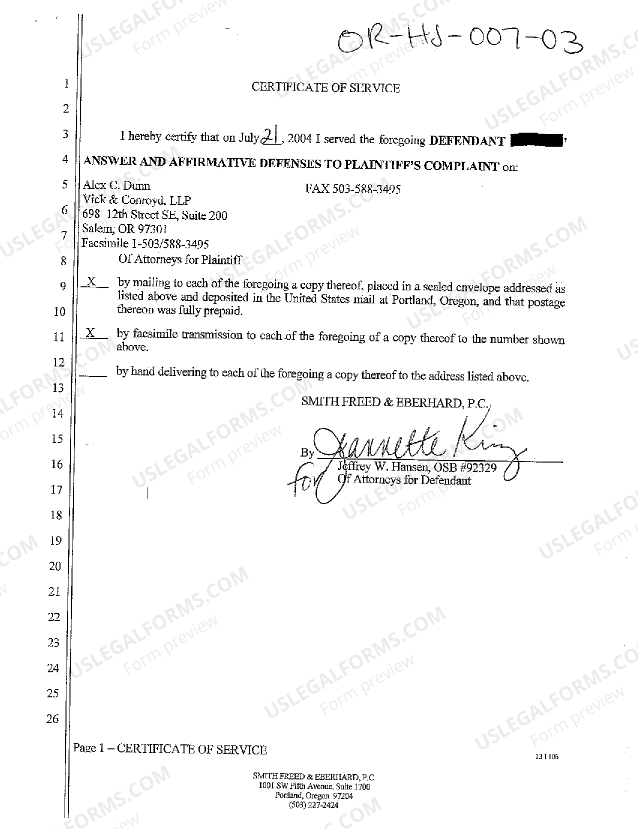 Oregon Certificate of Service of Answer and Affirmative Defenses | US ...