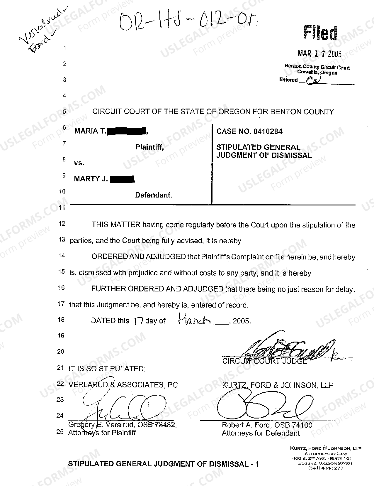 Oregon Stipulated General Judgment of Dismissal Against Plaintiff | US ...