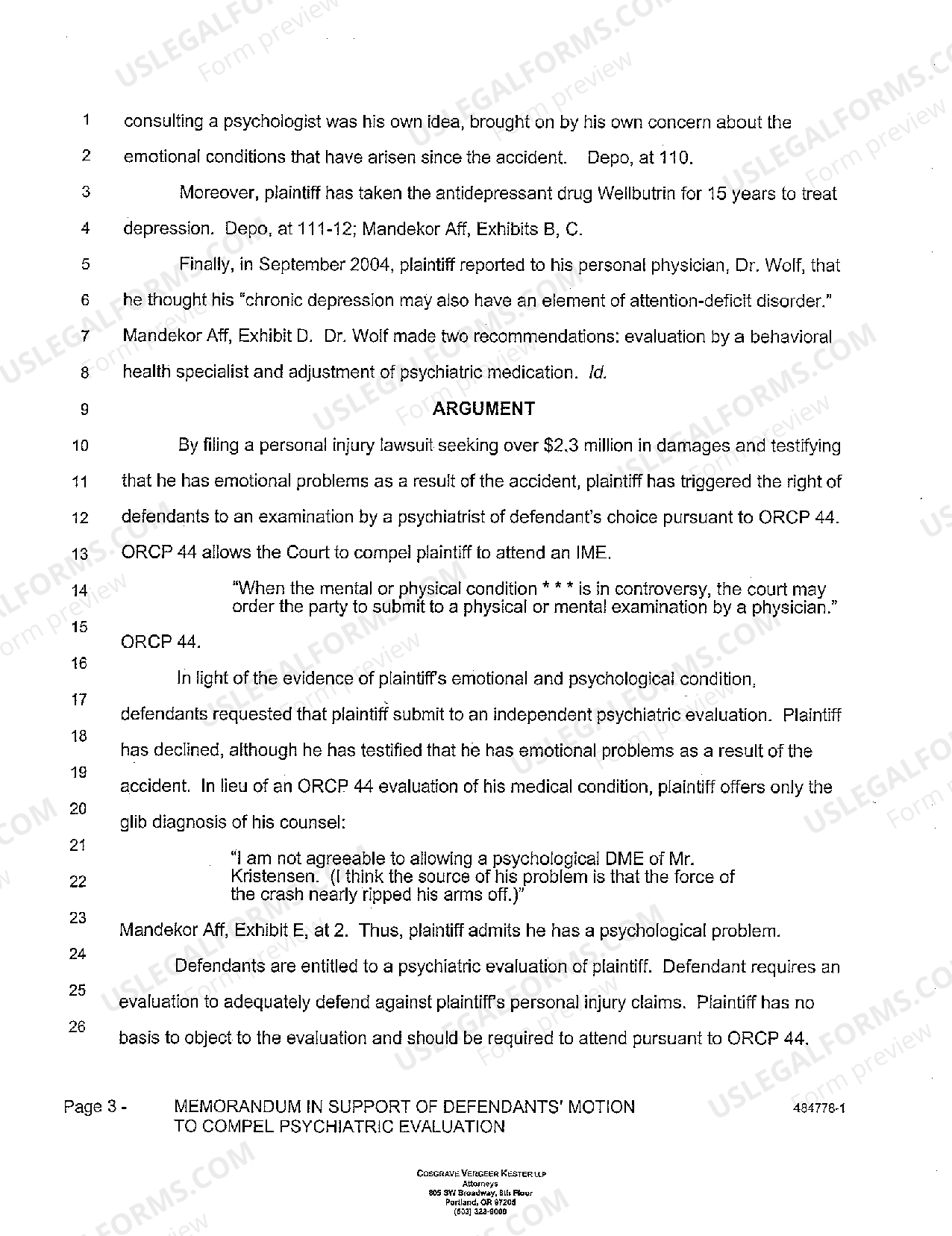 Gresham Oregon Memorandum in Support of Defendants' Motion to Compel Psychiatric Evaluation | US ...