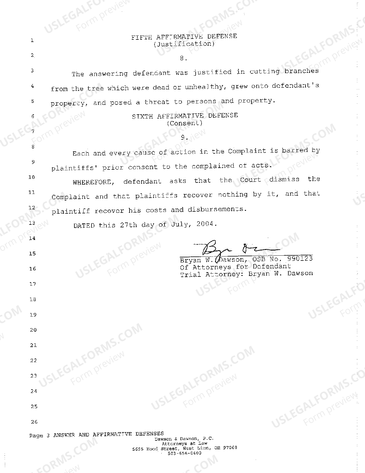 Oregon Answer and Affirmative Defenses | US Legal Forms