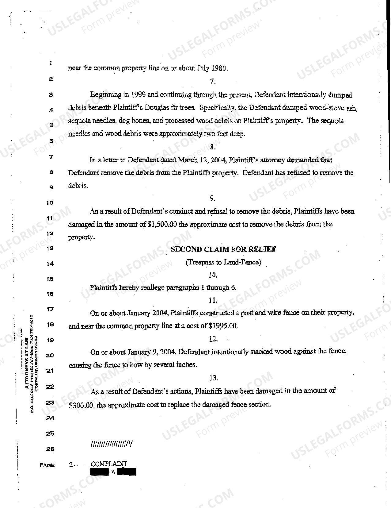 Oregon Complaint for Trespass to Land, Timber Trespass - Injunction For ...