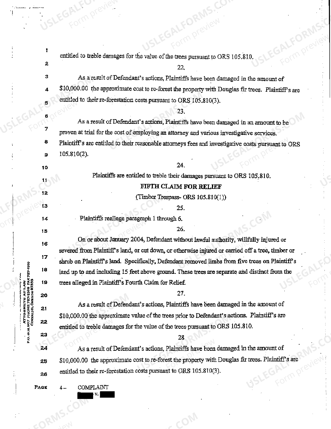 Oregon Complaint for Trespass to Land, Timber Trespass - Injunction For ...