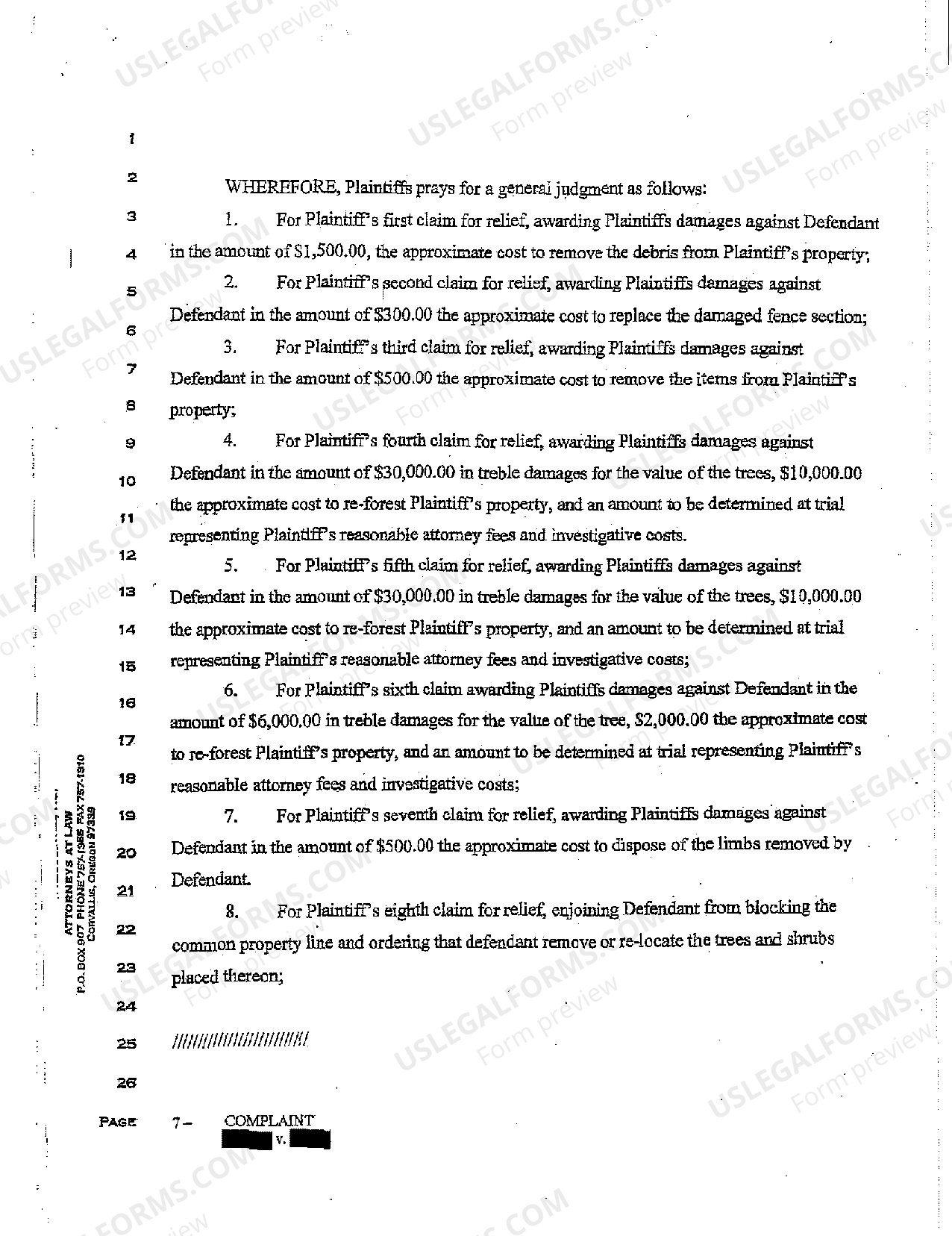 Oregon Complaint for Trespass to Land, Timber Trespass - Injunction For ...