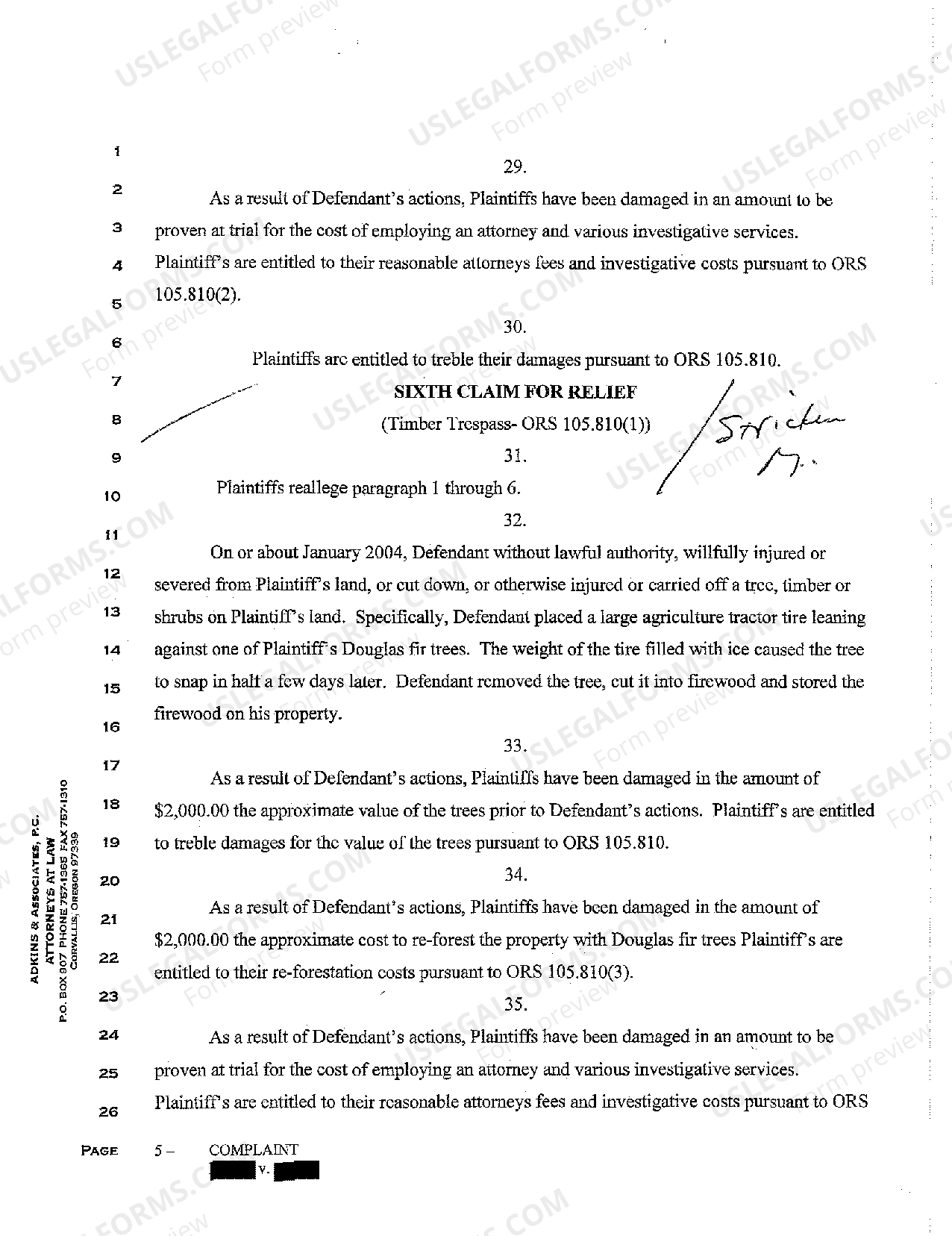 Portland Oregon Complaint for Trespass to Land, Timber Trespass, and ...