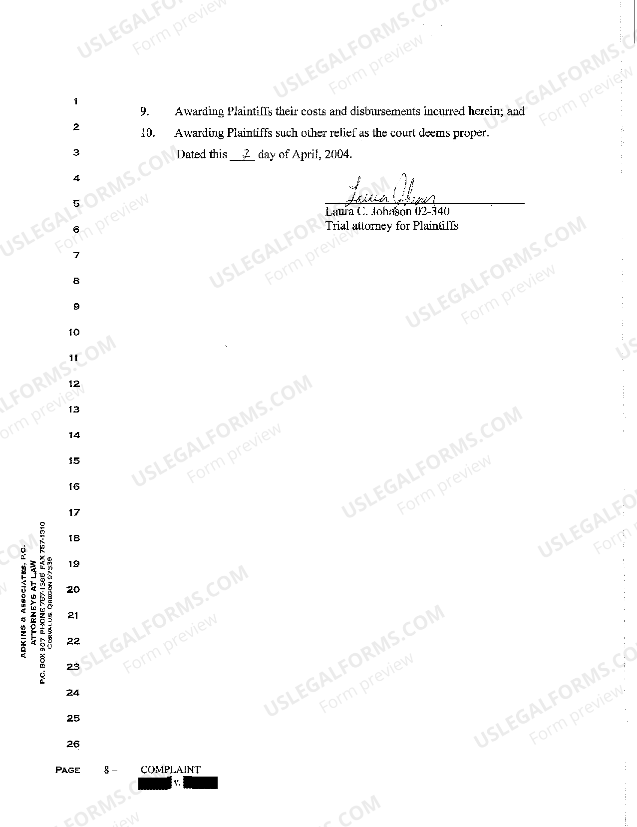 Oregon Complaint for Trespass to Land, Timber Trespass, and Suit for ...