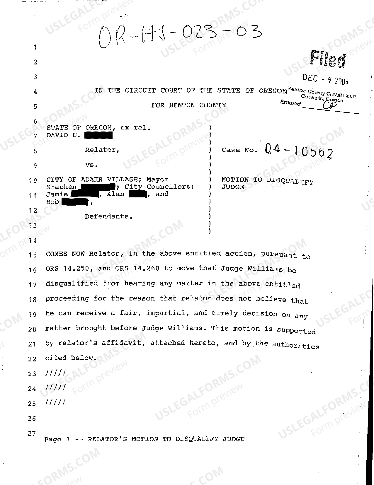 Oregon Realtor's Motion to Disqualify Judge | US Legal Forms