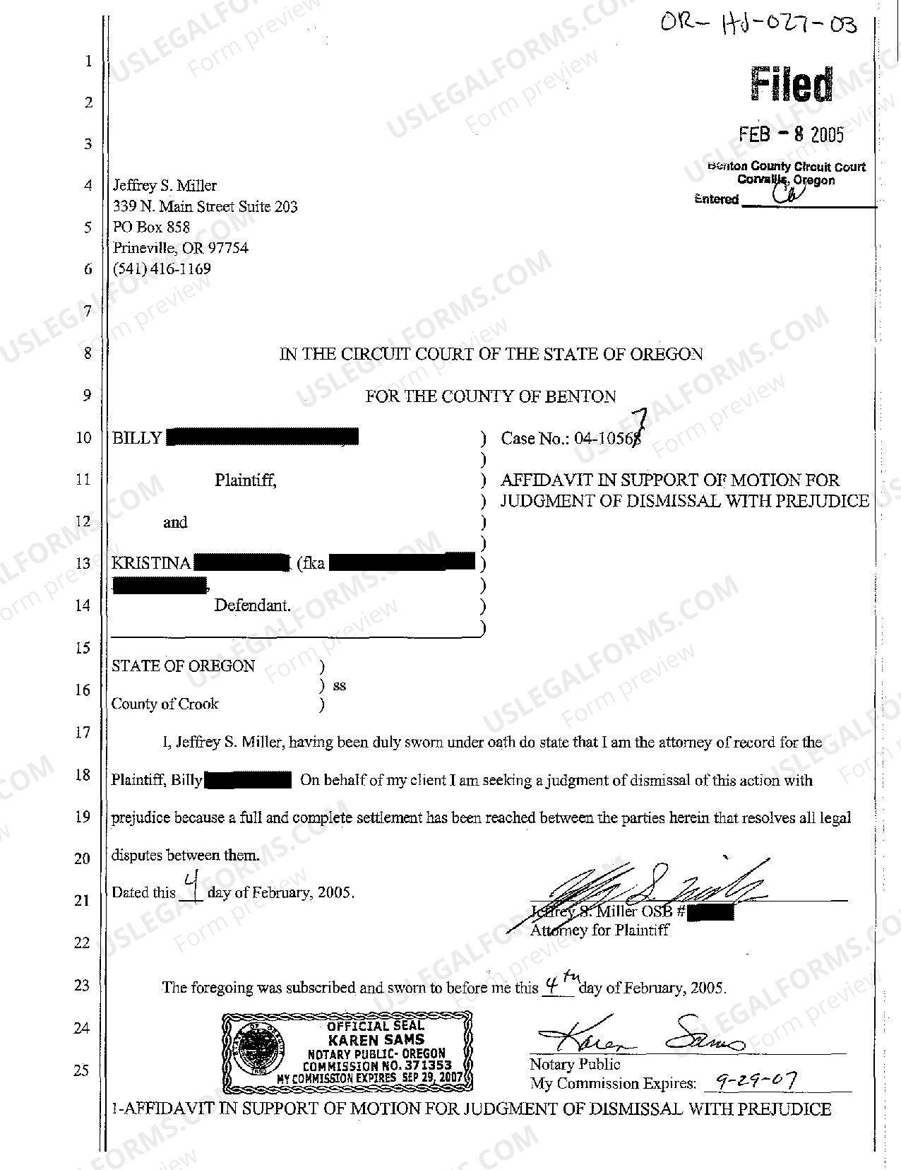 Oregon Affidavit in Support of Motion for Judgment of Dismissal with ...