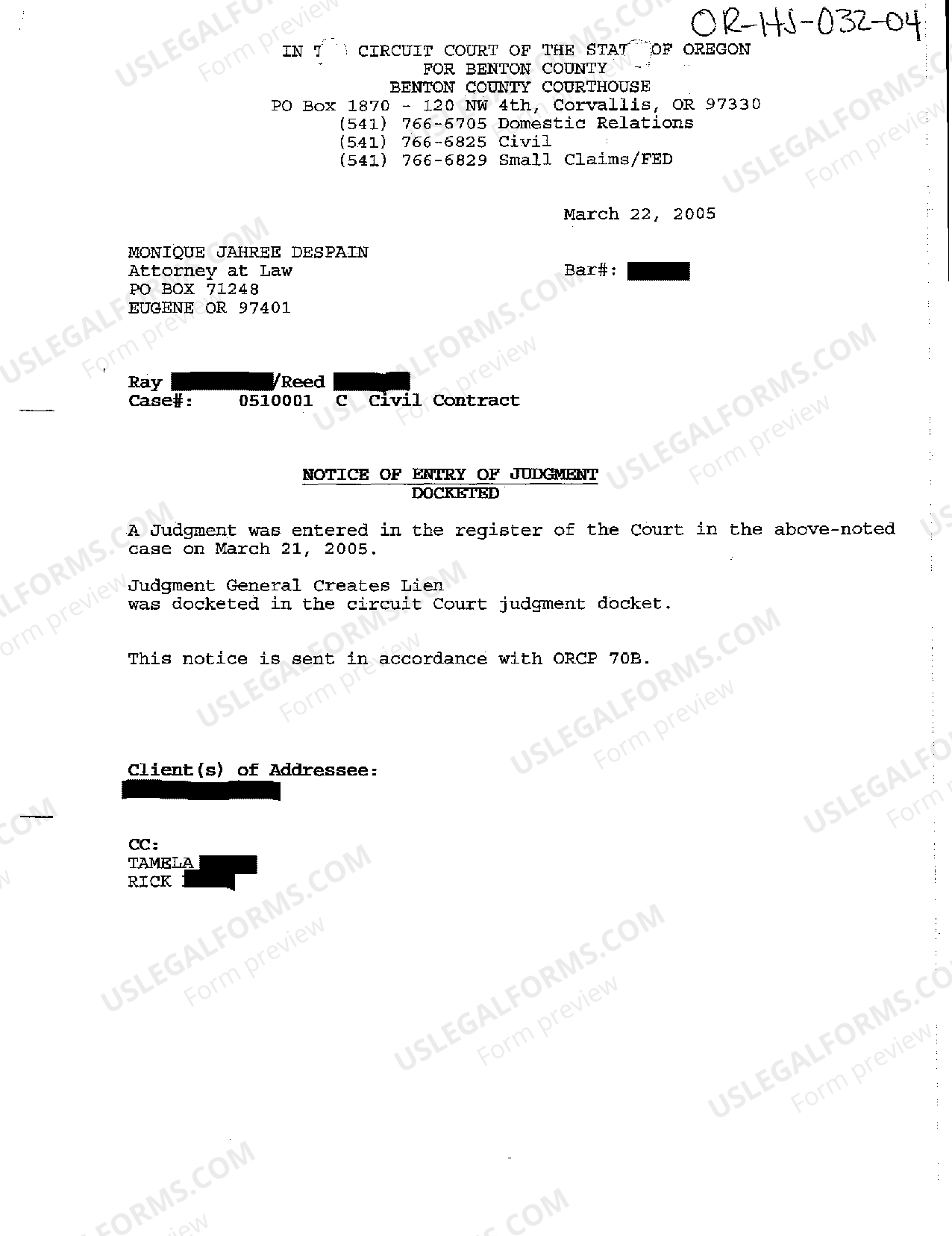 Oregon Notice of Entry of Judgment | US Legal Forms