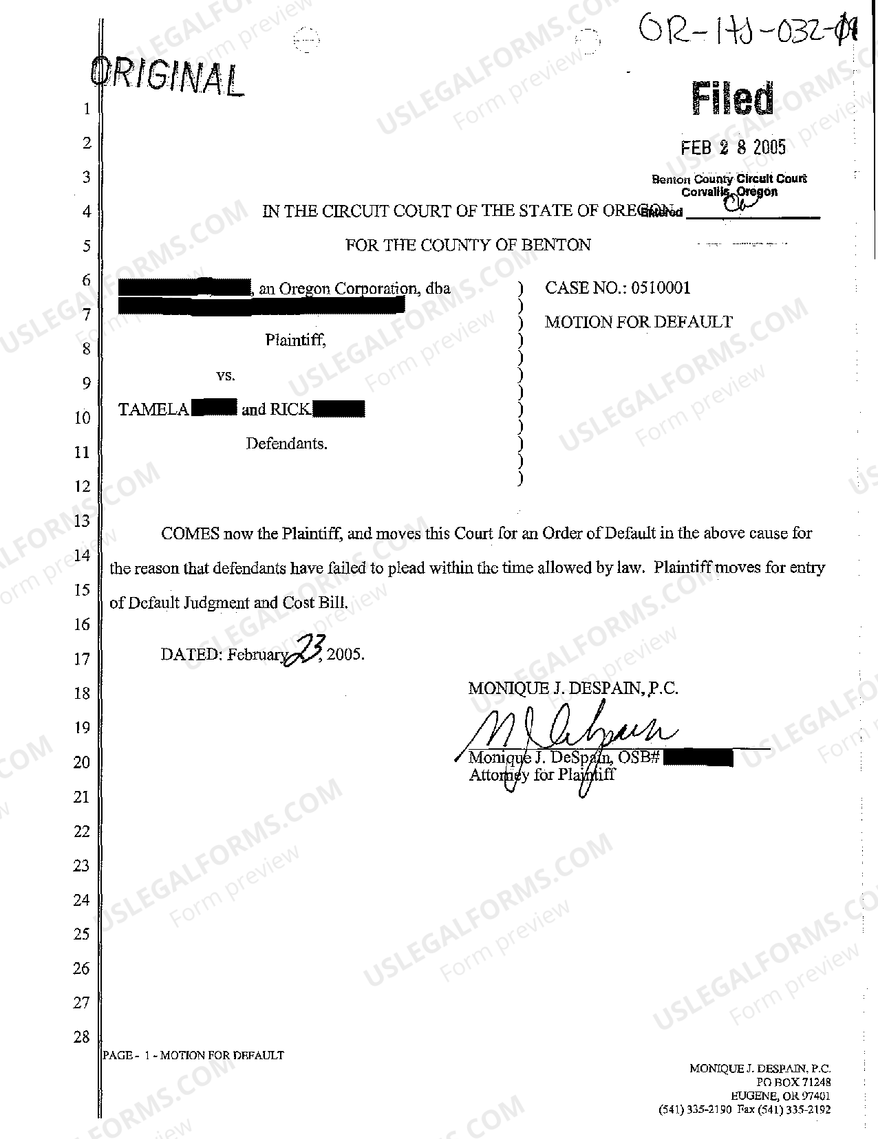 Oregon Certificate Proof of Service Notice of Substitute Service ...