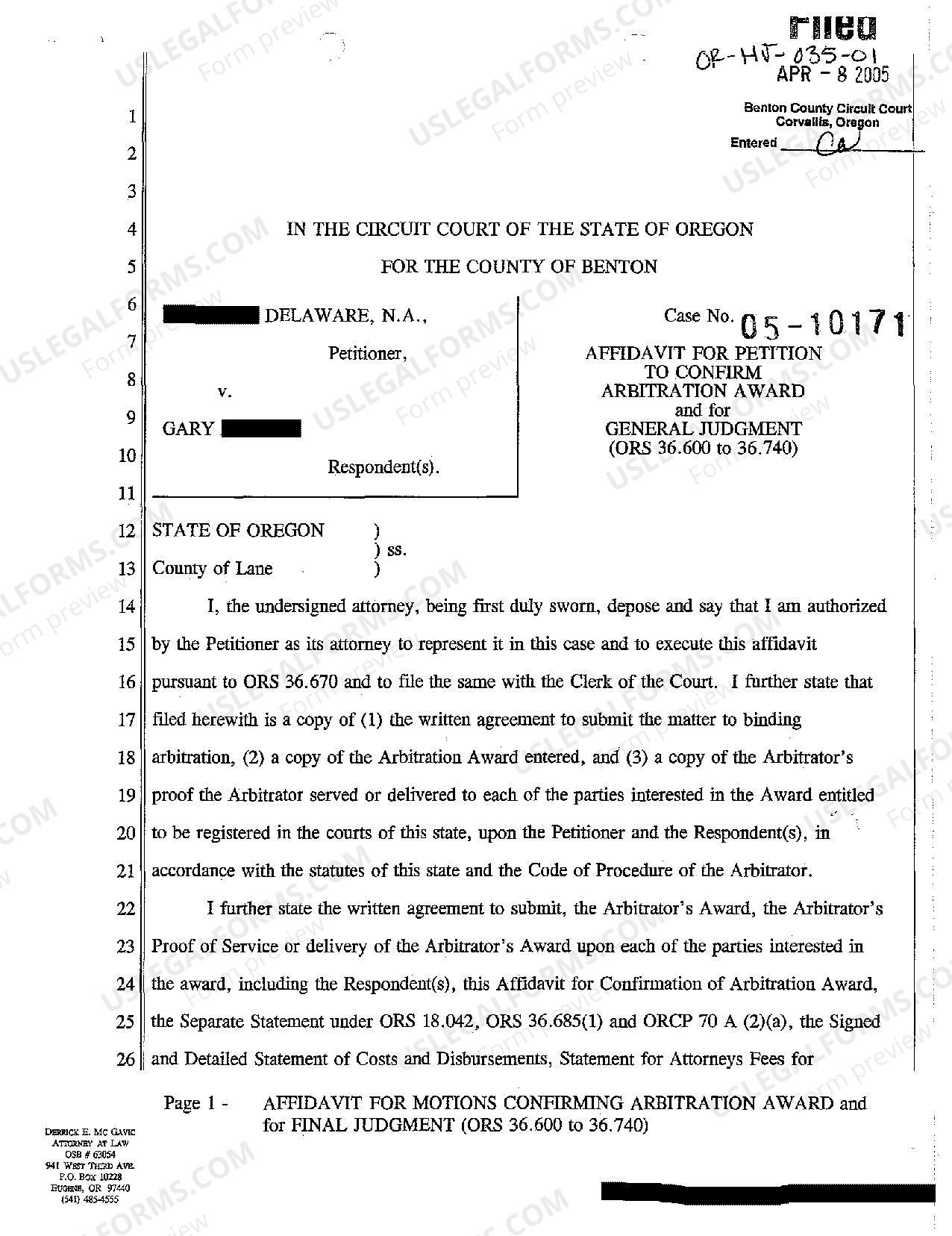 Oregon Affidavit for Petition to Confirm Arbitration Award and for ...