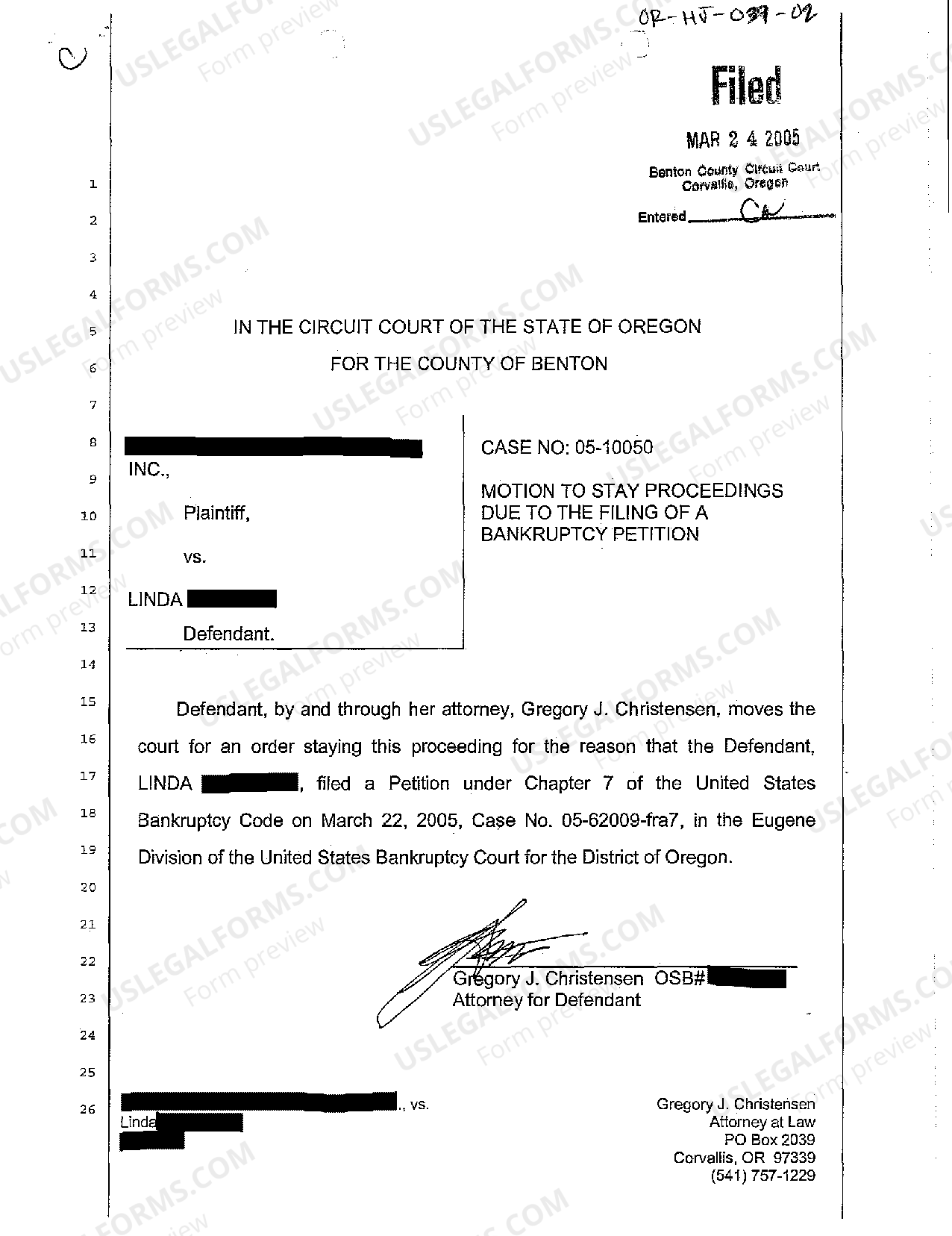 Oregon Motion to Stay Proceedings Due to the Filing of a Chapter 7 ...