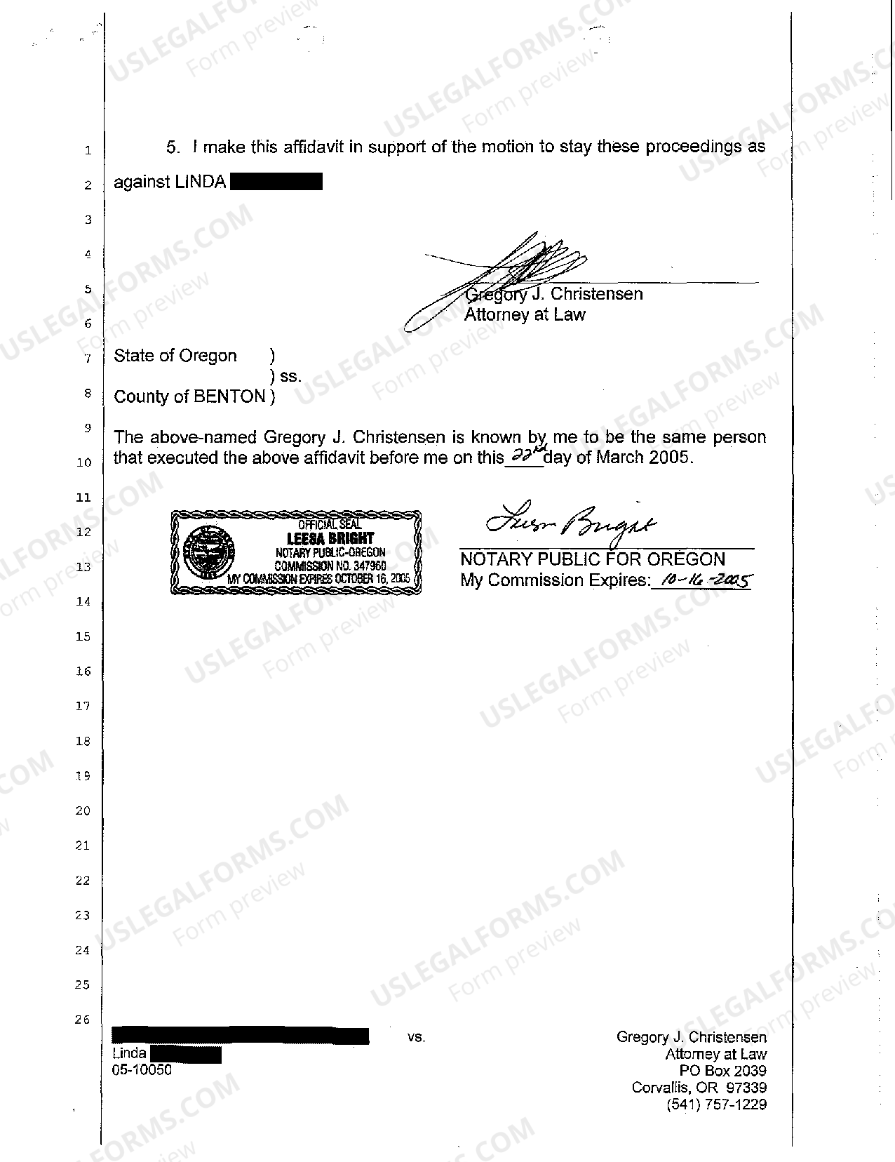 Oregon Affidavit in Support of Motion to Stay Proceedings Due to Filing ...