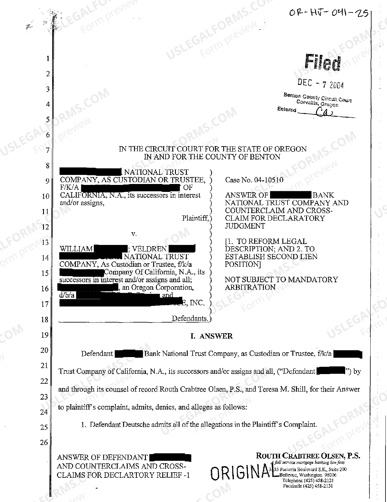 Oregon Answer and Counterclaim and Cross Claim for Declaratory Judgment ...