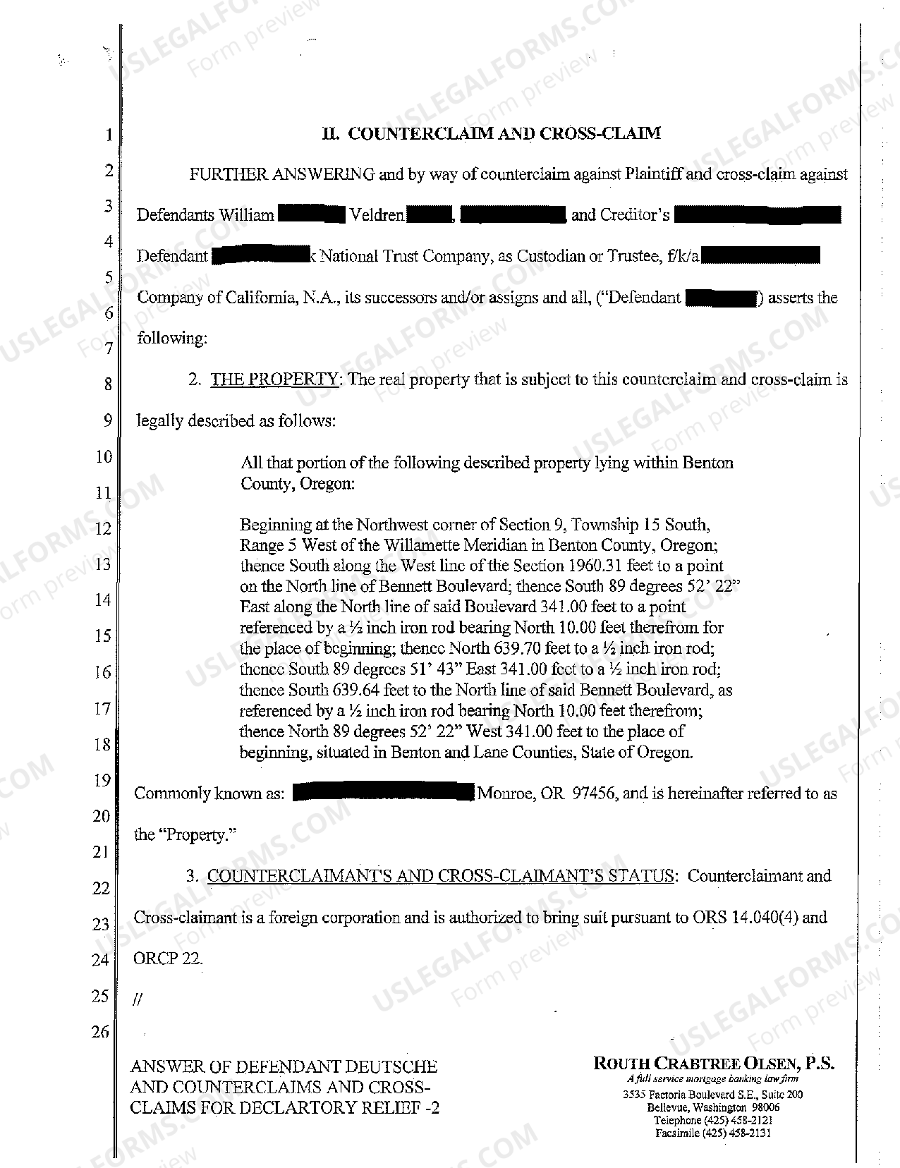 Oregon Answer and Counterclaim and Cross Claim for Declaratory Judgment ...