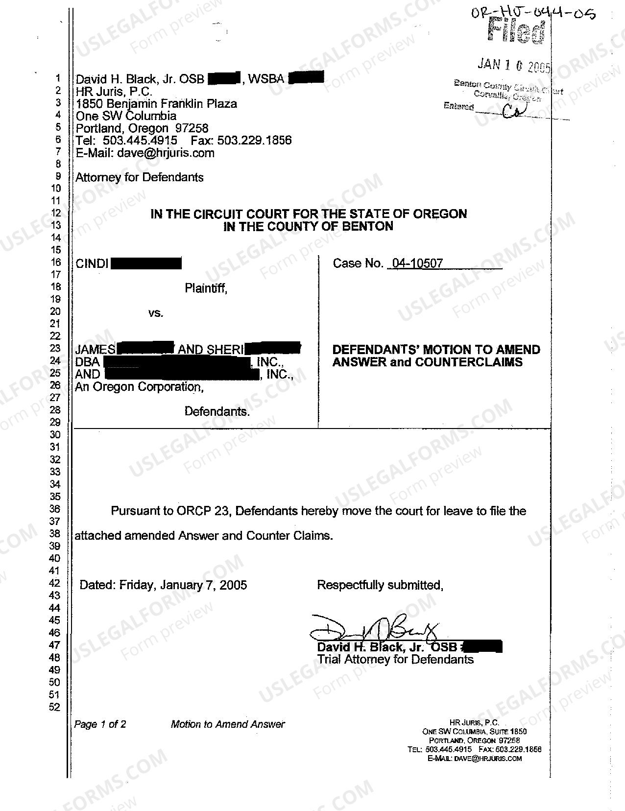Oregon Defendants' Motion to Amend Answer and Counterclaims | US Legal ...