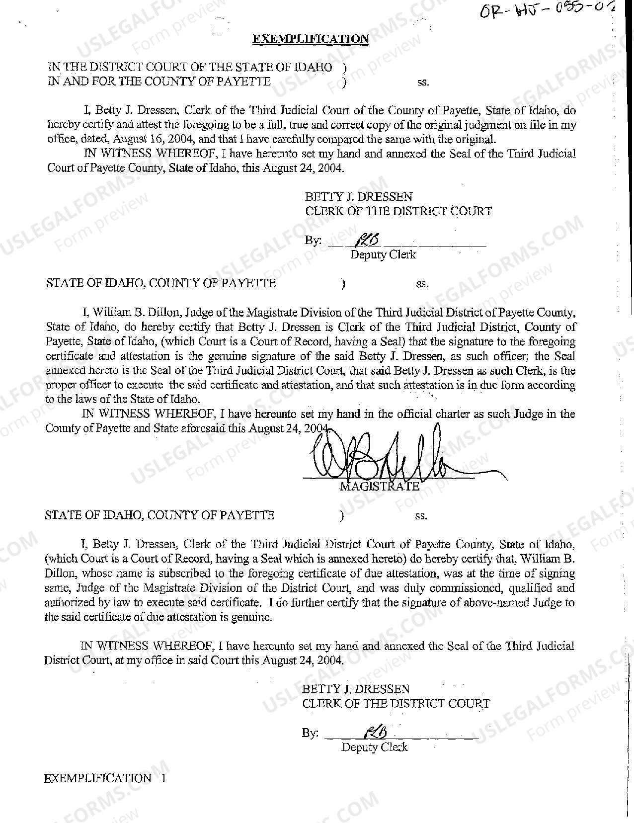 Oregon Exemplification from Clerk of Court Attesting that True and ...