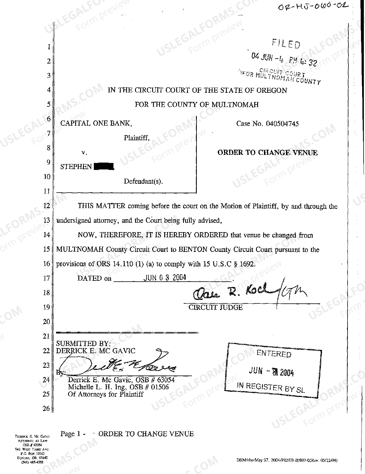 Oregon Order to Change Venue | US Legal Forms