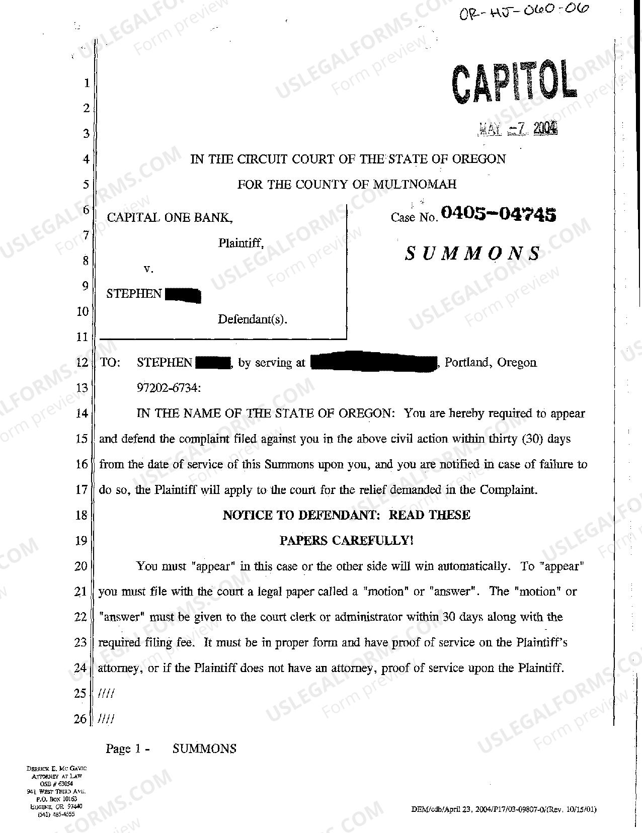 Portland Oregon Summons - Circuit Court Of The State Of Oregon Letter ...