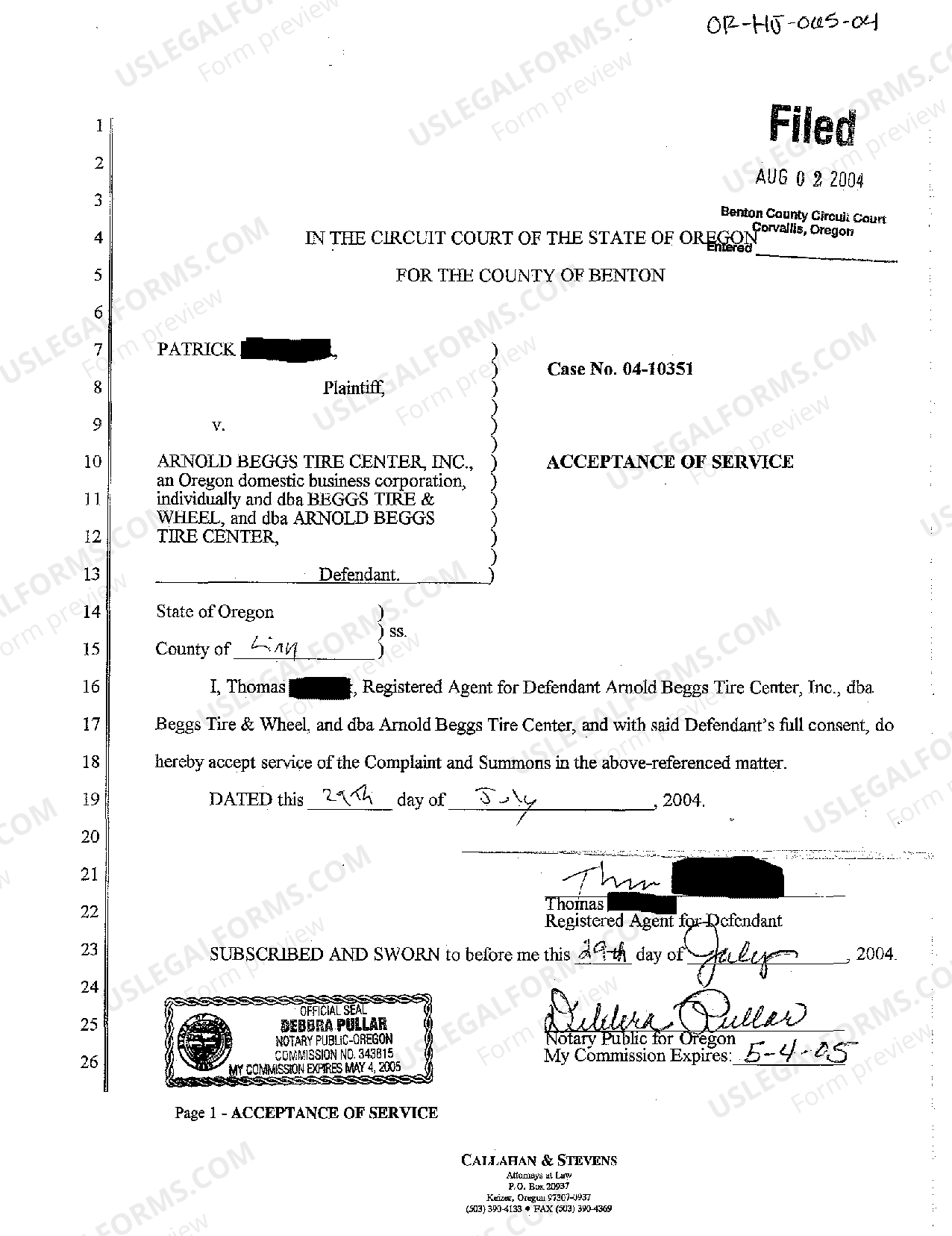 Oregon Acceptance of Service - Acceptance Of Service Oregon | US Legal ...