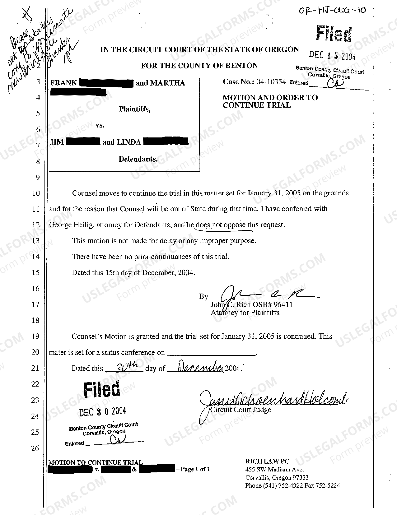 Oregon Motion and Order to Continue Trial - Motion And Order For ...