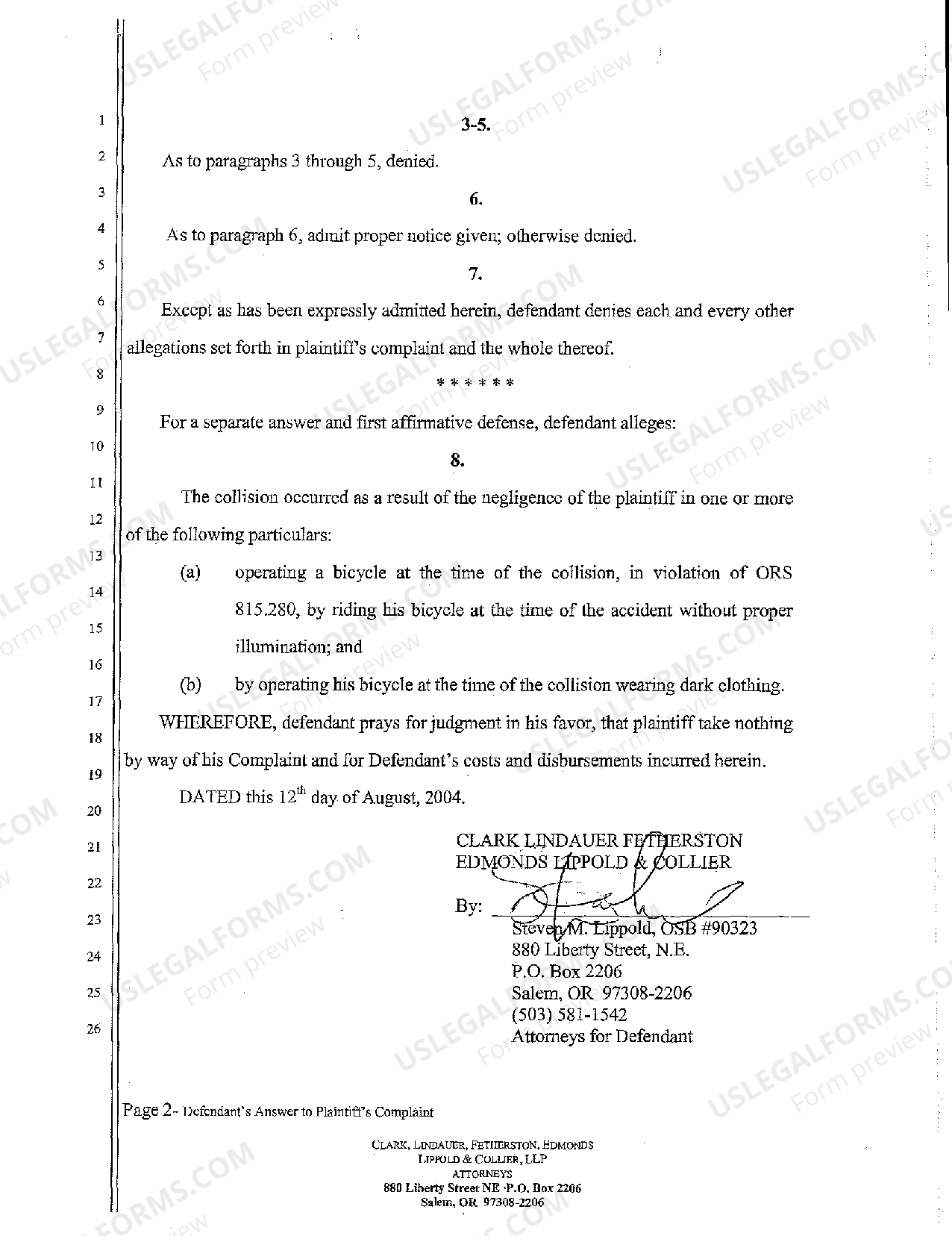 Oregon Defendant's Answer to Plaintiff's Complaint | US Legal Forms