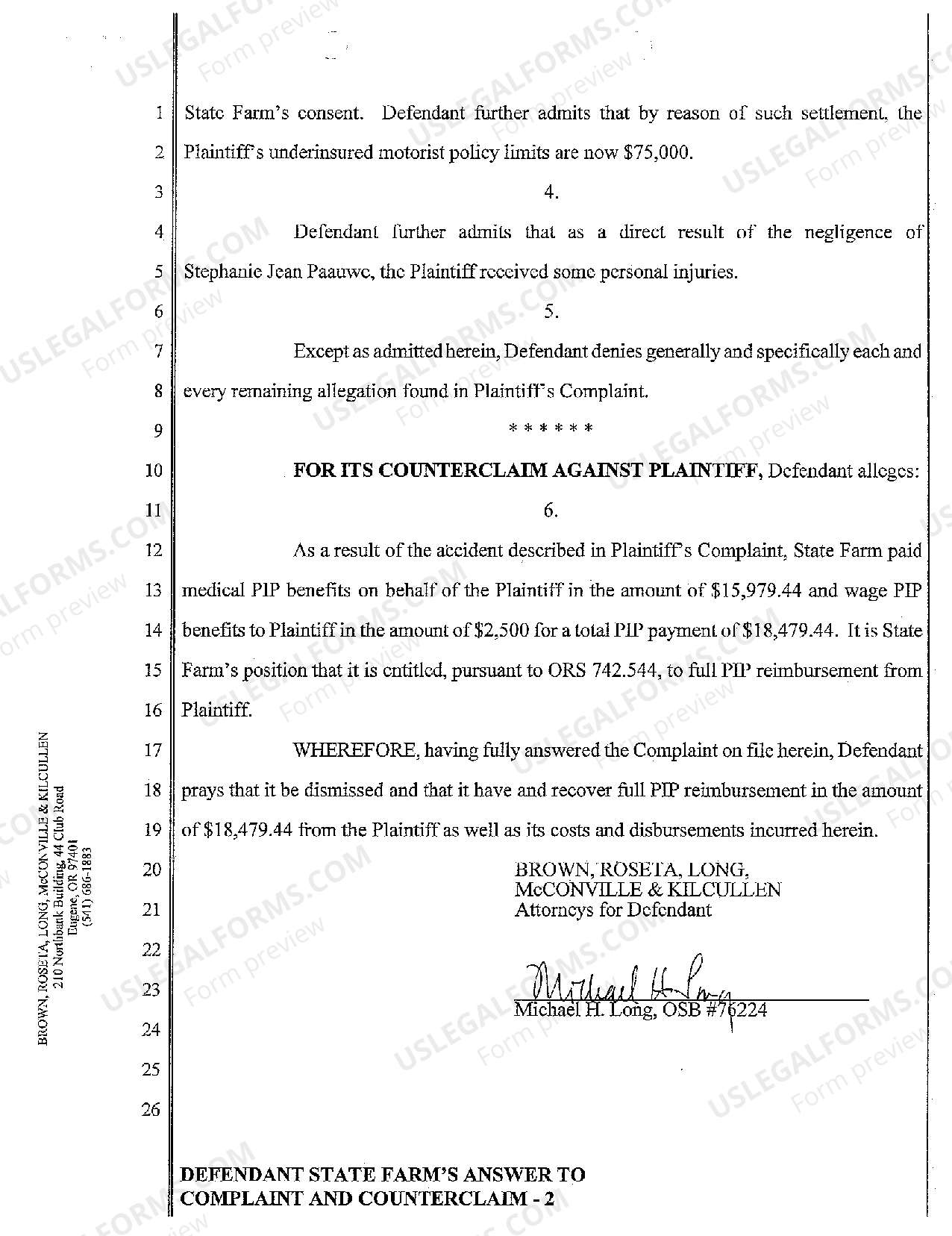 Oregon Defendant State Farm's Answer to Complaint and Counterclaim | US ...