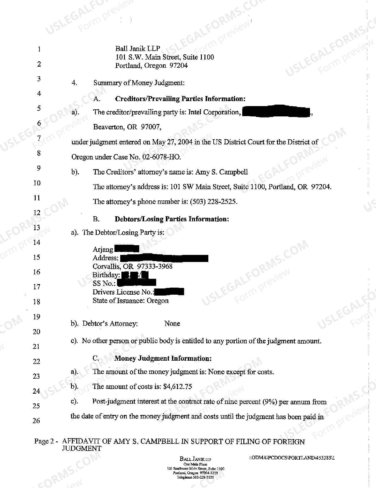 Oregon Affidavit in Support of Filing Foreign Judgment | US Legal Forms