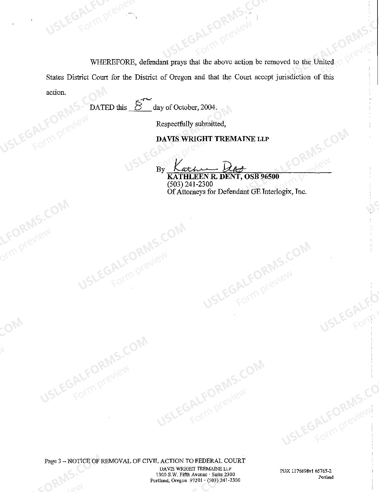 Oregon Notice of Removal of Civil Action to Federal Court | US Legal Forms